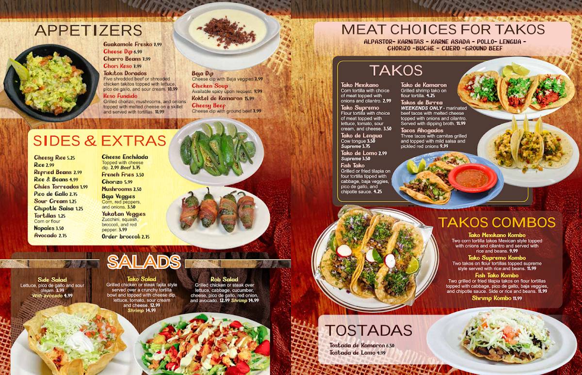 Menu at Takos Borukas restaurant, Jackson