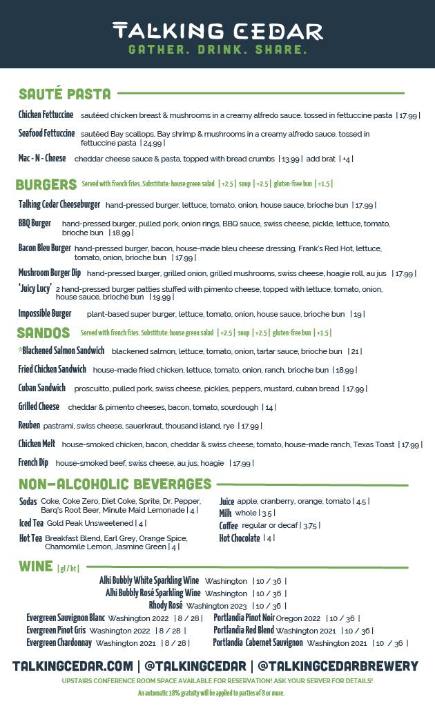 Carta del restaurante Talking Cedar, Rochester