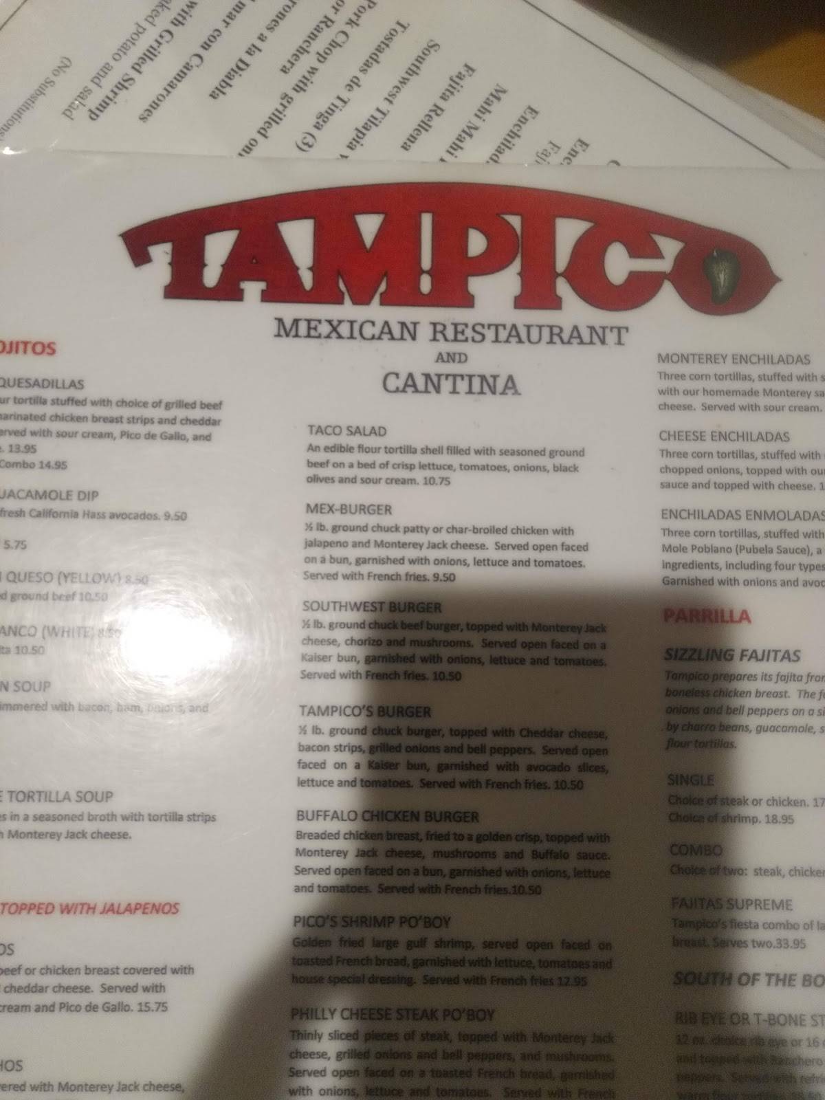 Menu at Tampico's restaurant, Bayou Vista