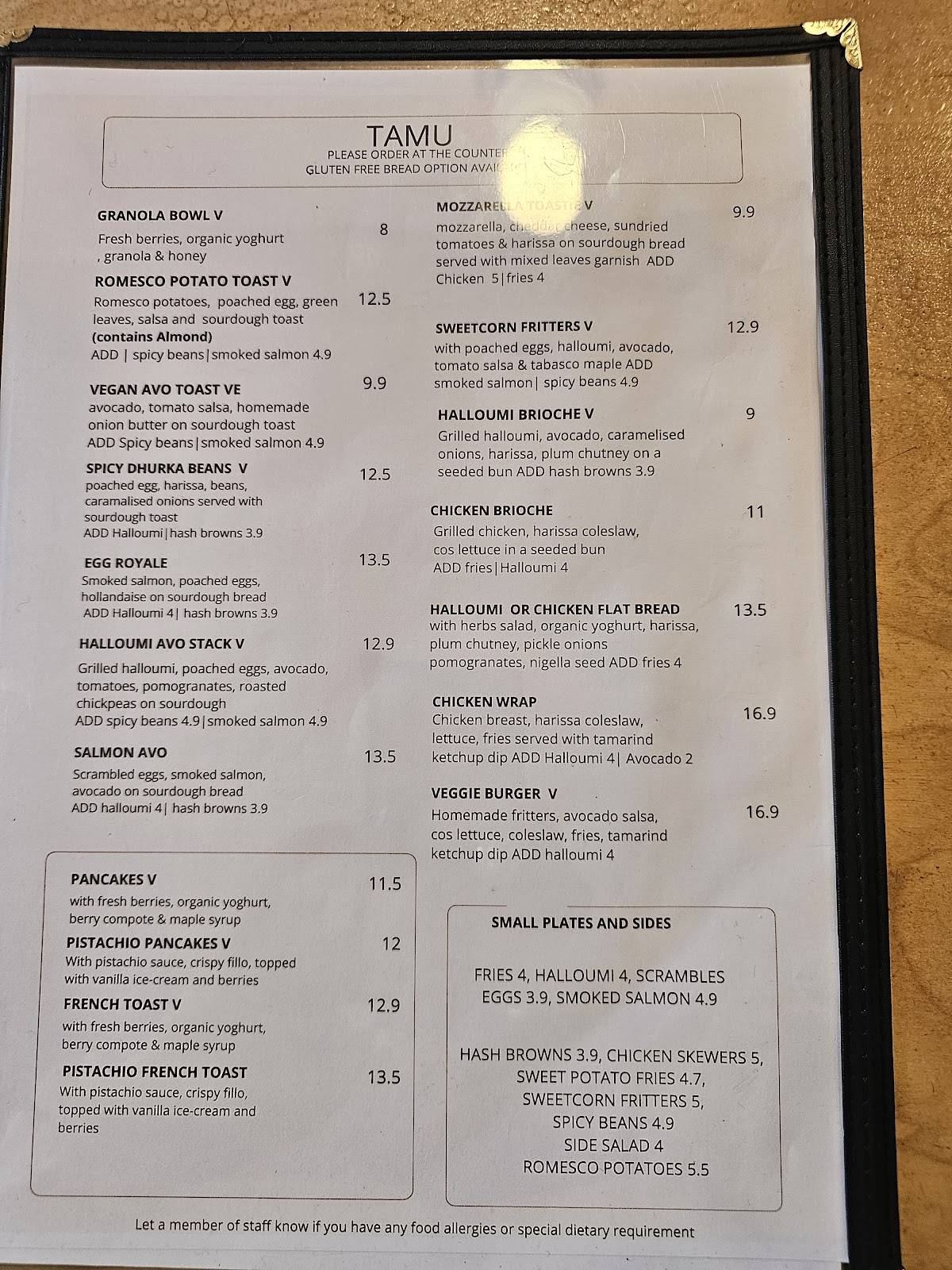 Menu at Tamu Cafe, Smethwick