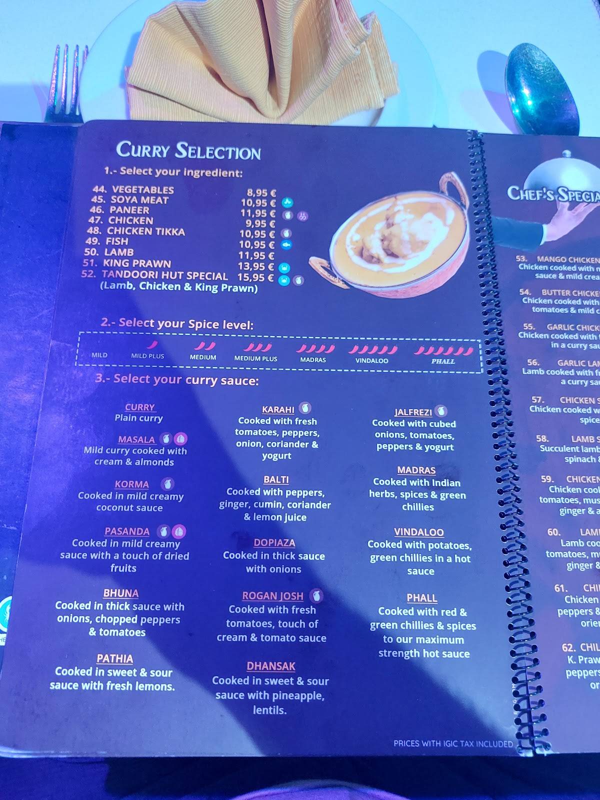 Menu at Tandoori Hut - Los Cristianos restaurant, Los Cristianos