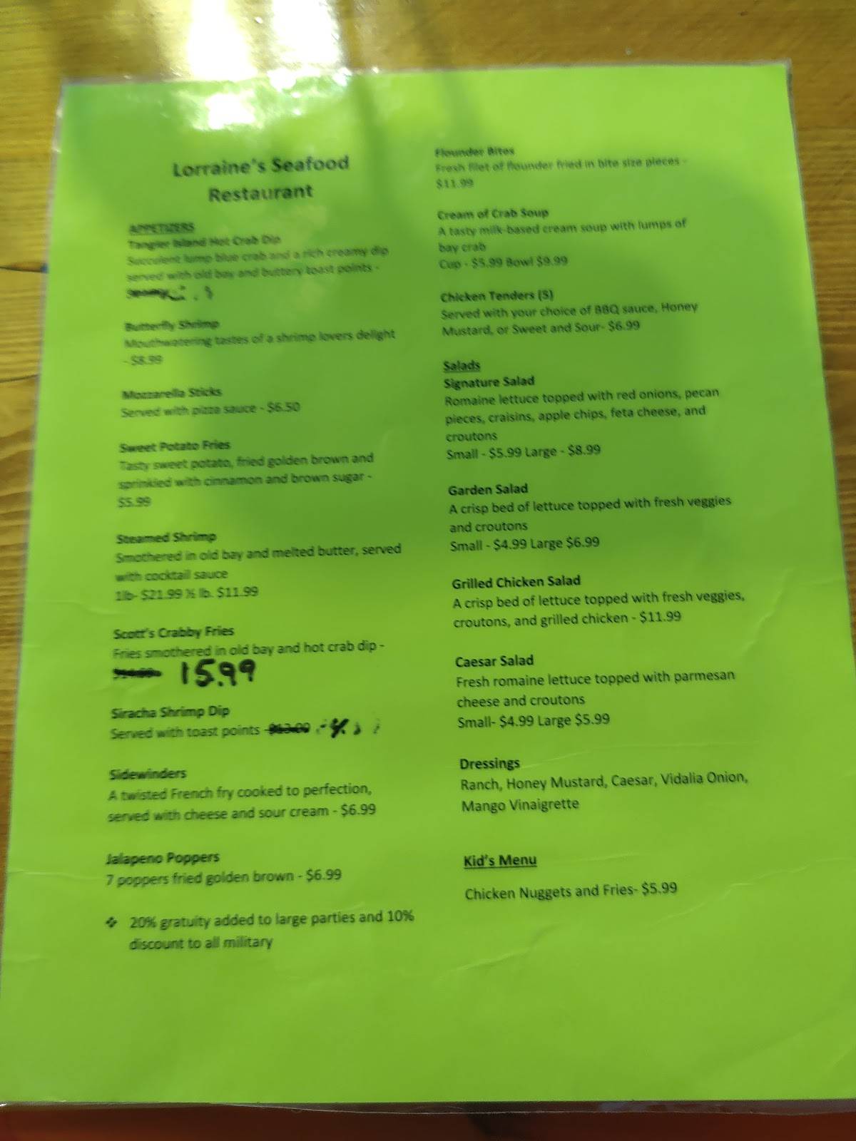 Menu at Lorraine's Seafood Restaurant, Tangier