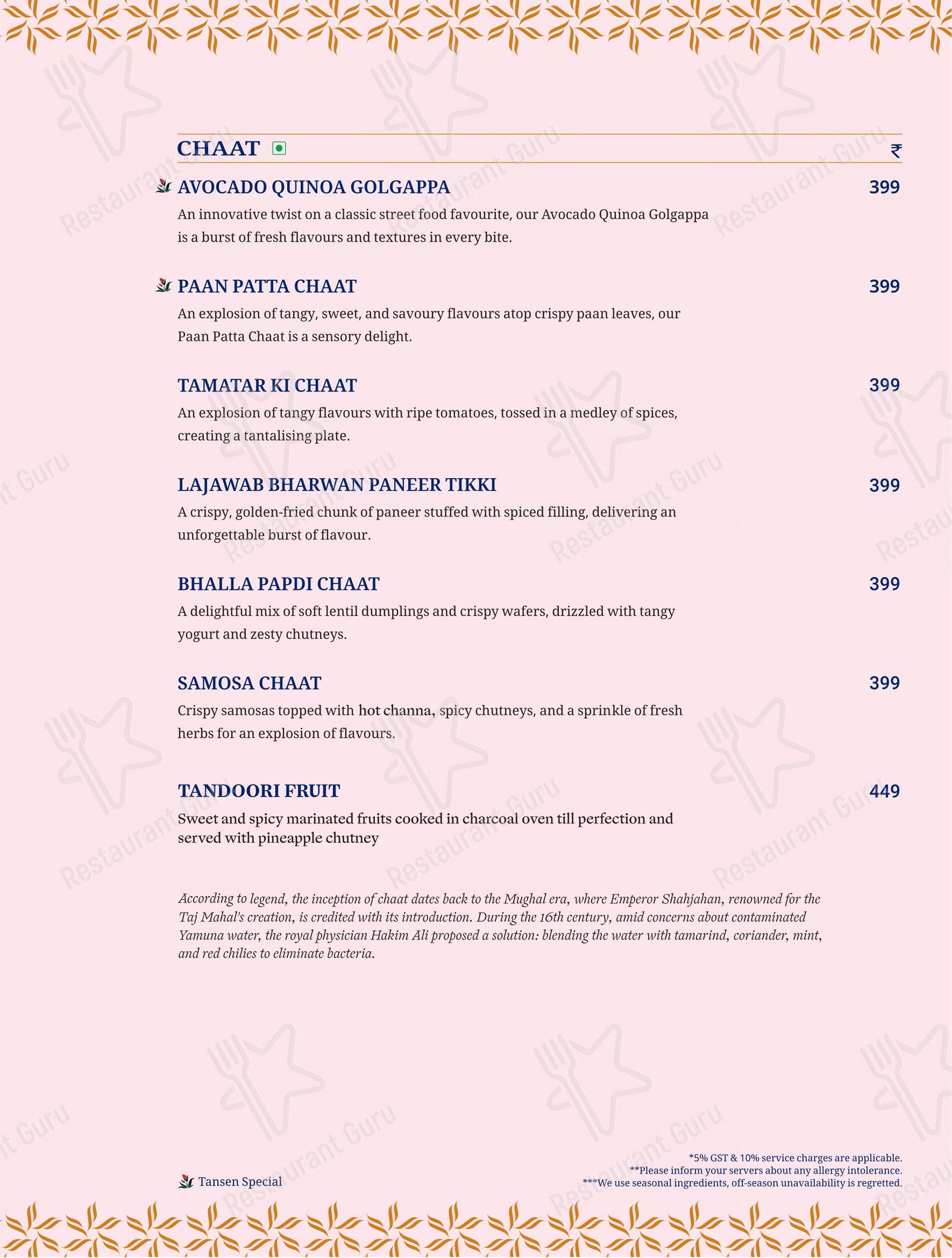 Menu at Tansen, Hyderabad, Sy No. 332 & 333