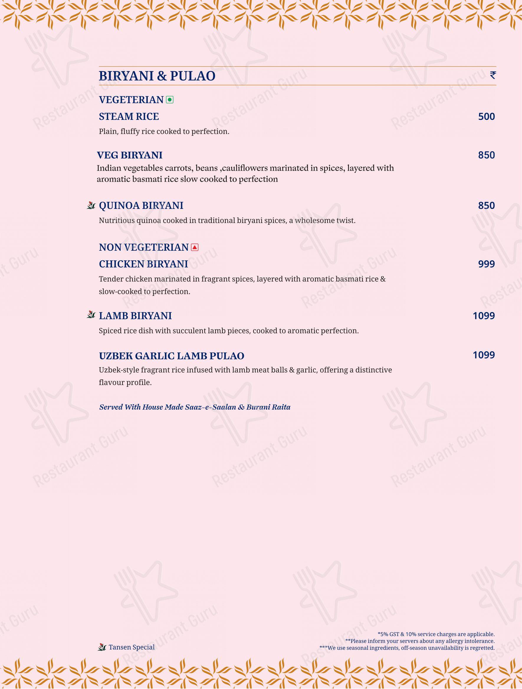 Menu at Tansen, Hyderabad, Sy No. 332 & 333