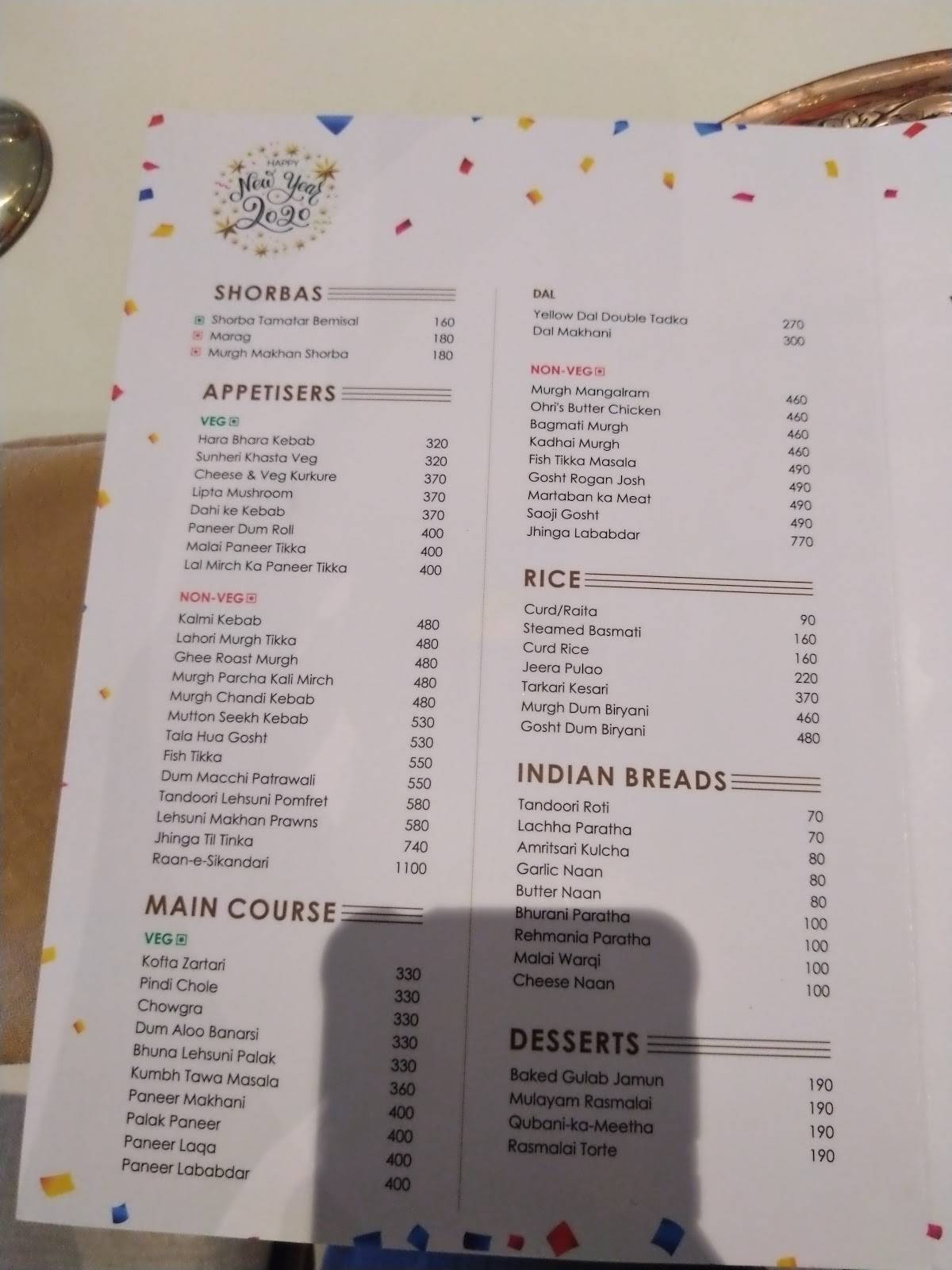 Menu at Tansen, Hyderabad, Ohri's Jalavihar