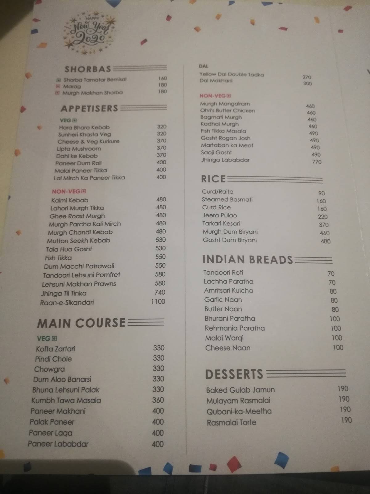 Menu at Tansen, Hyderabad, Sy No. 332 & 333