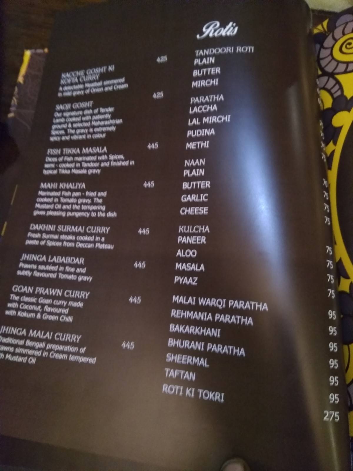 Menu at Tansen, Hyderabad, Ohri's Jalavihar
