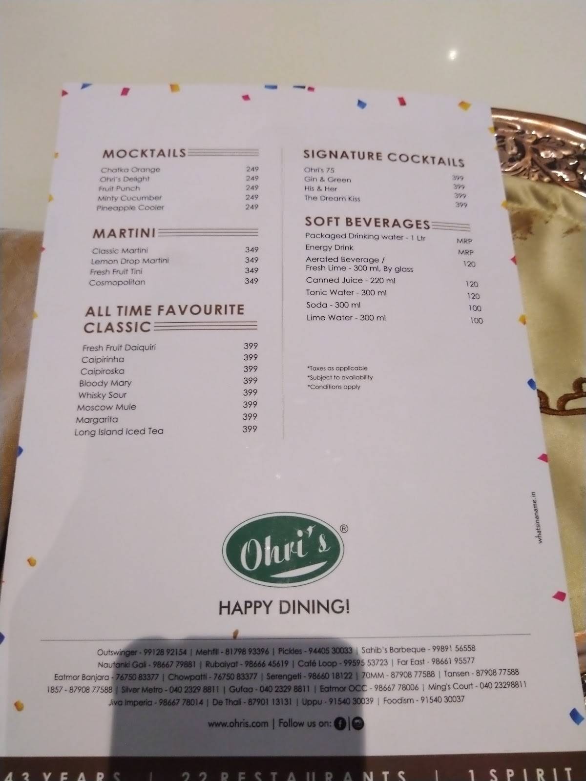 Menu at Tansen, Hyderabad, Sy No. 332 & 333