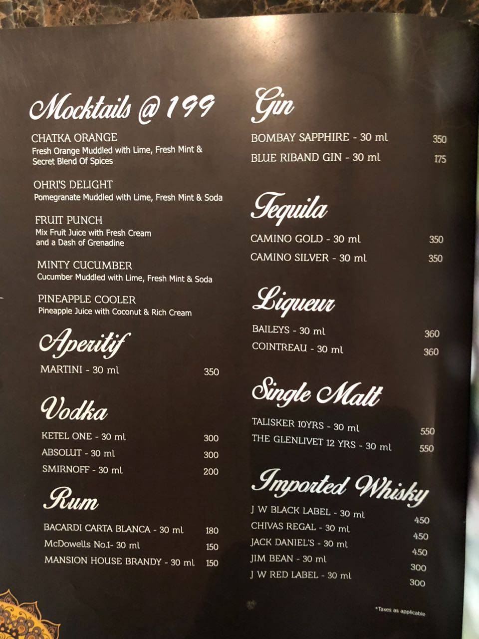 Menu at Tansen, Hyderabad, Ohri's Jalavihar