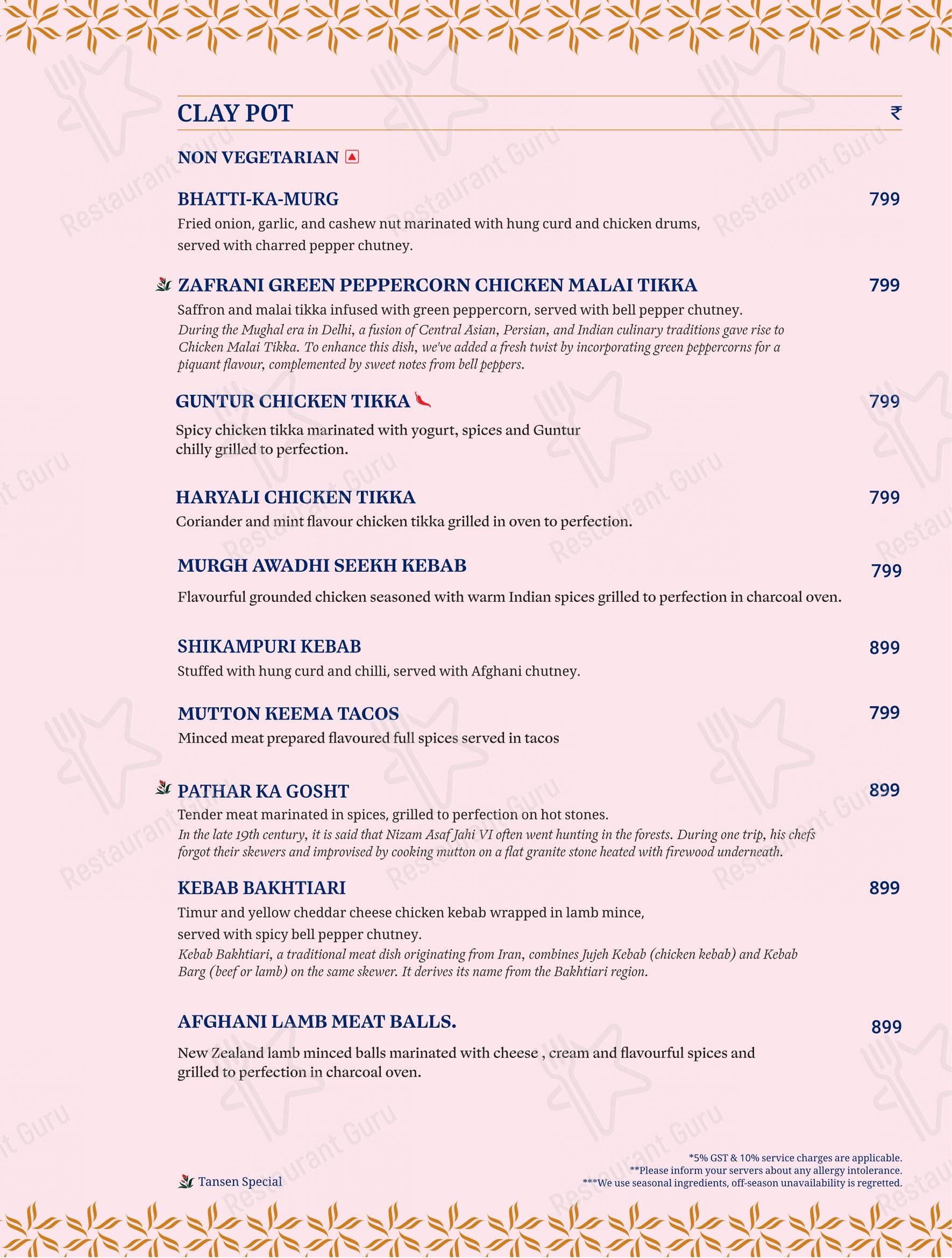 Menu at Tansen, Hyderabad, Sy No. 332 & 333