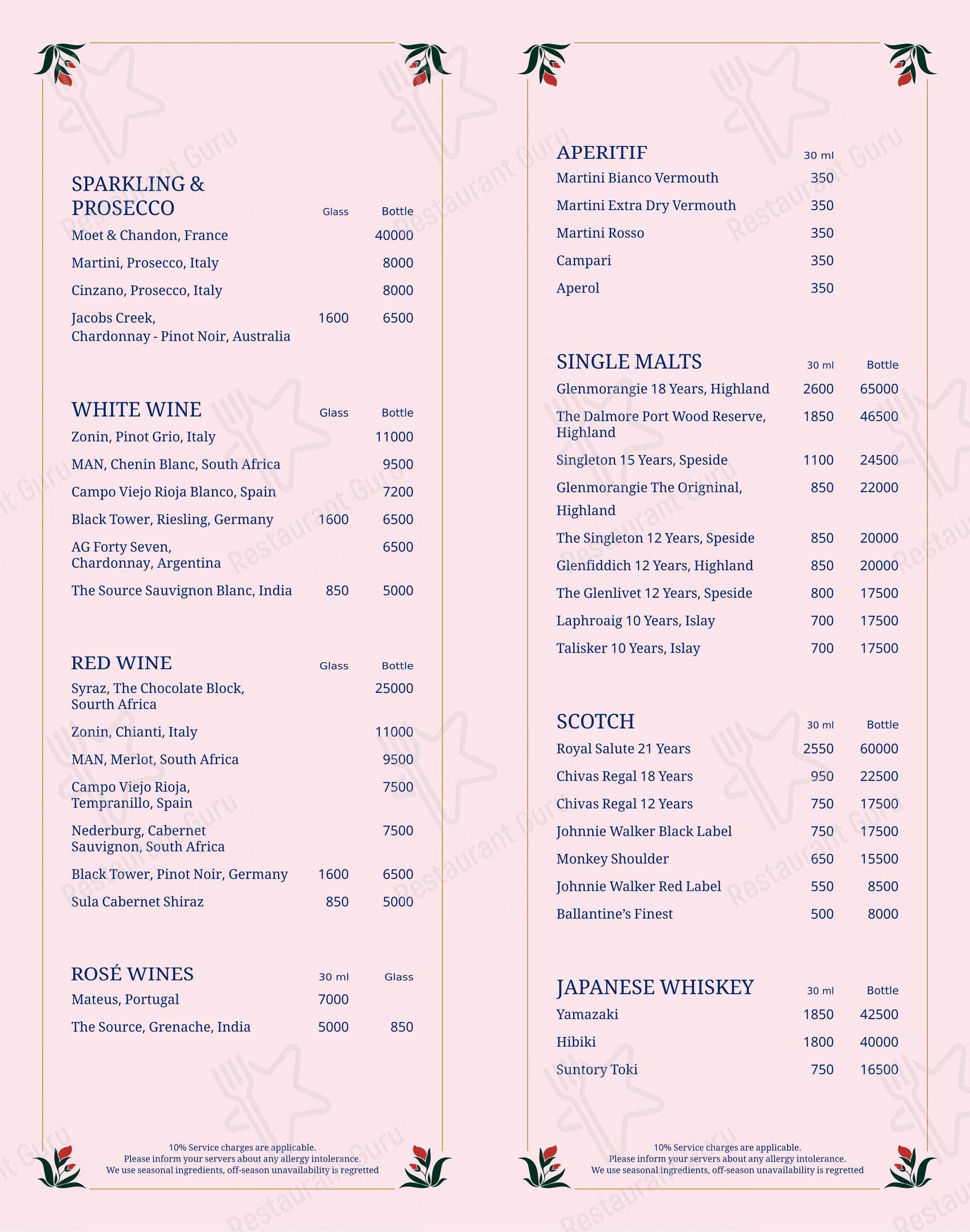 Menu at Tansen, Hyderabad, Sy No. 332 & 333