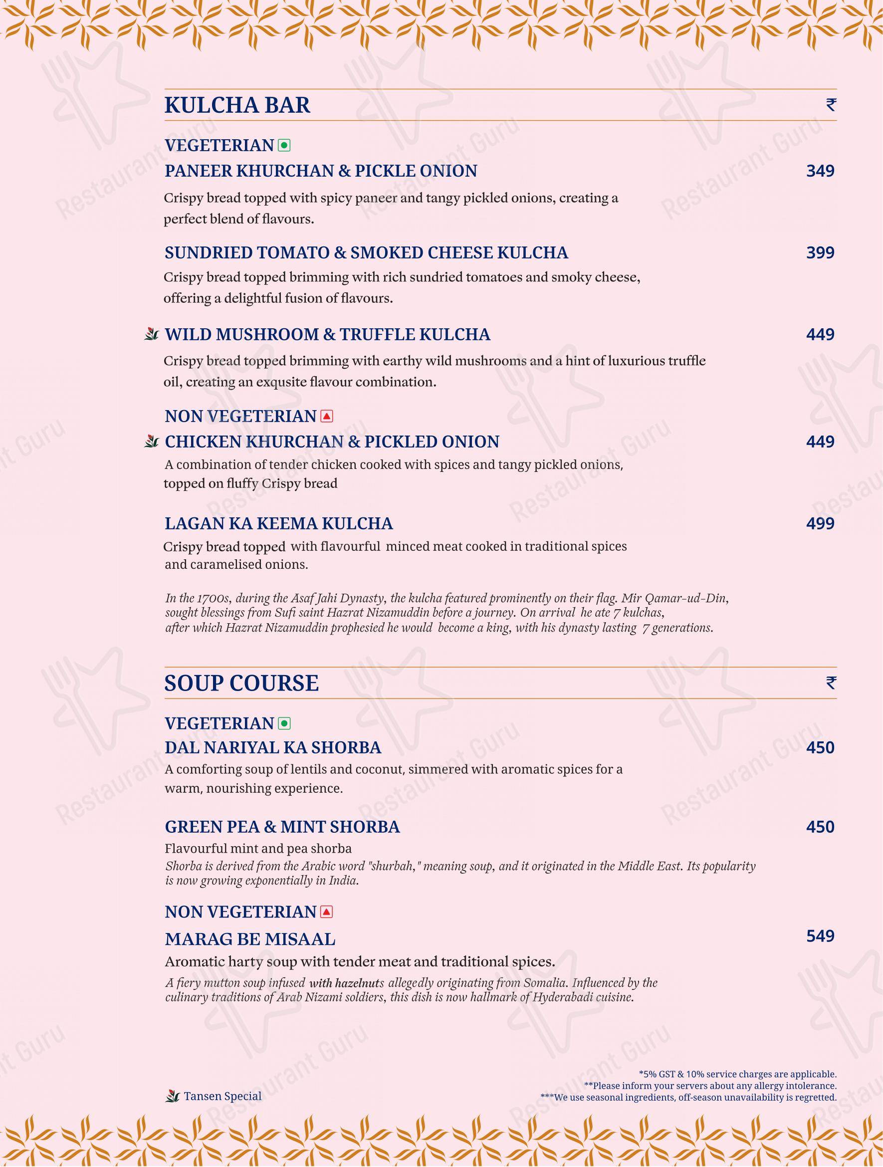 Menu at Tansen, Hyderabad, Sy No. 332 & 333