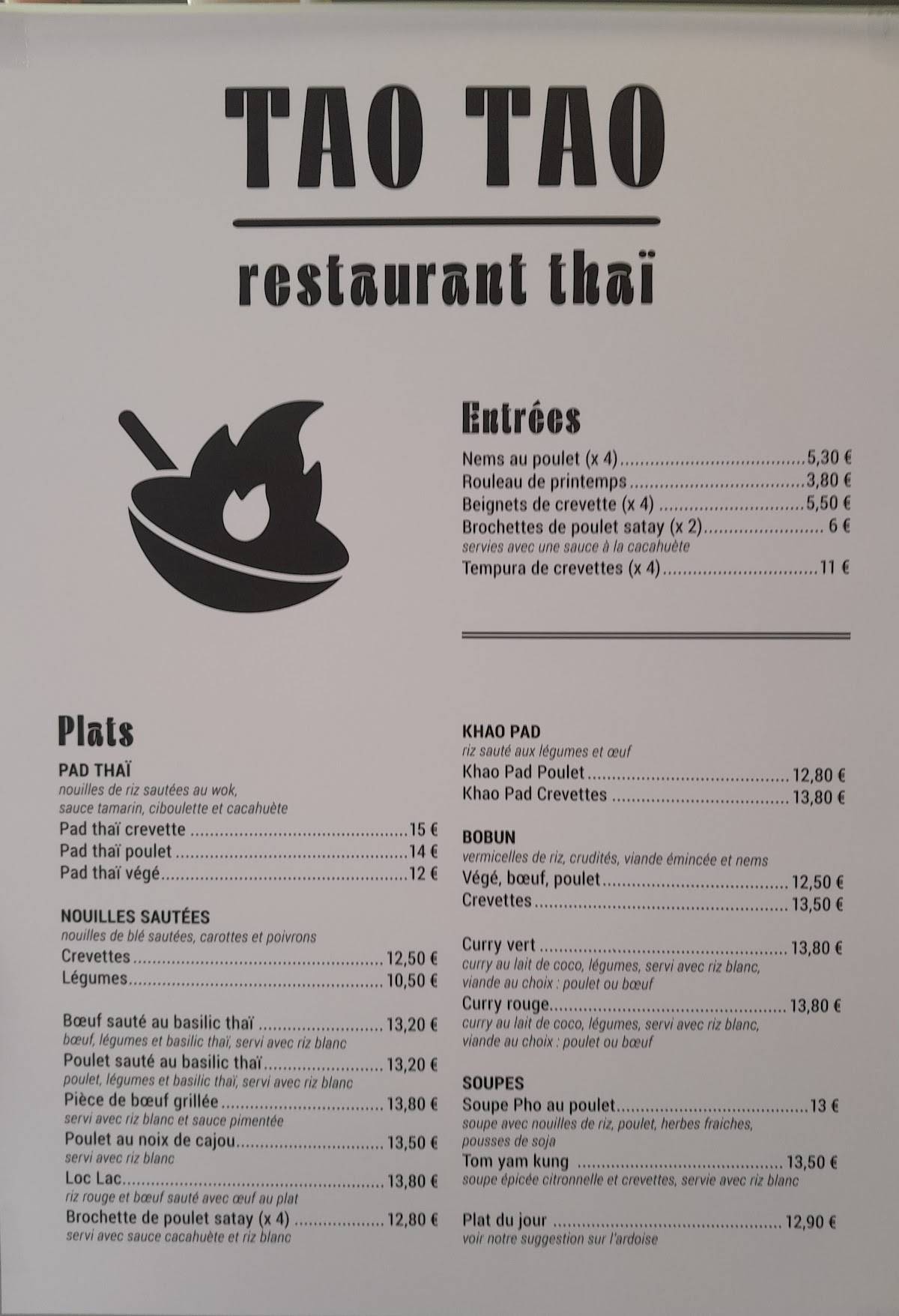 Menu au Tao Tao Restaurant Thai, Cherbourg-en-Cotentin