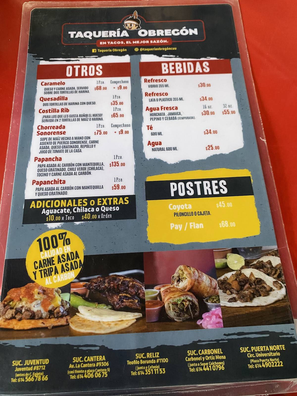 Carta del restaurante Taquería Obregón, Chihuahua, Perif. del la ...