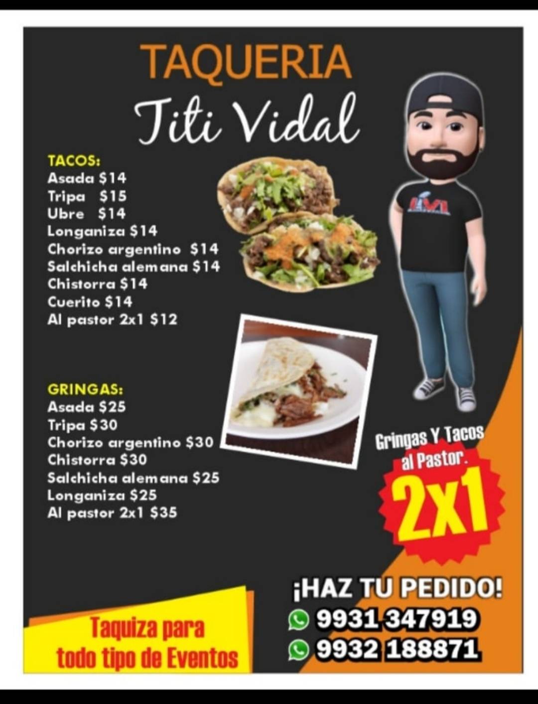 Menu at Taquería Tití Vidal restaurant, Villahermosa
