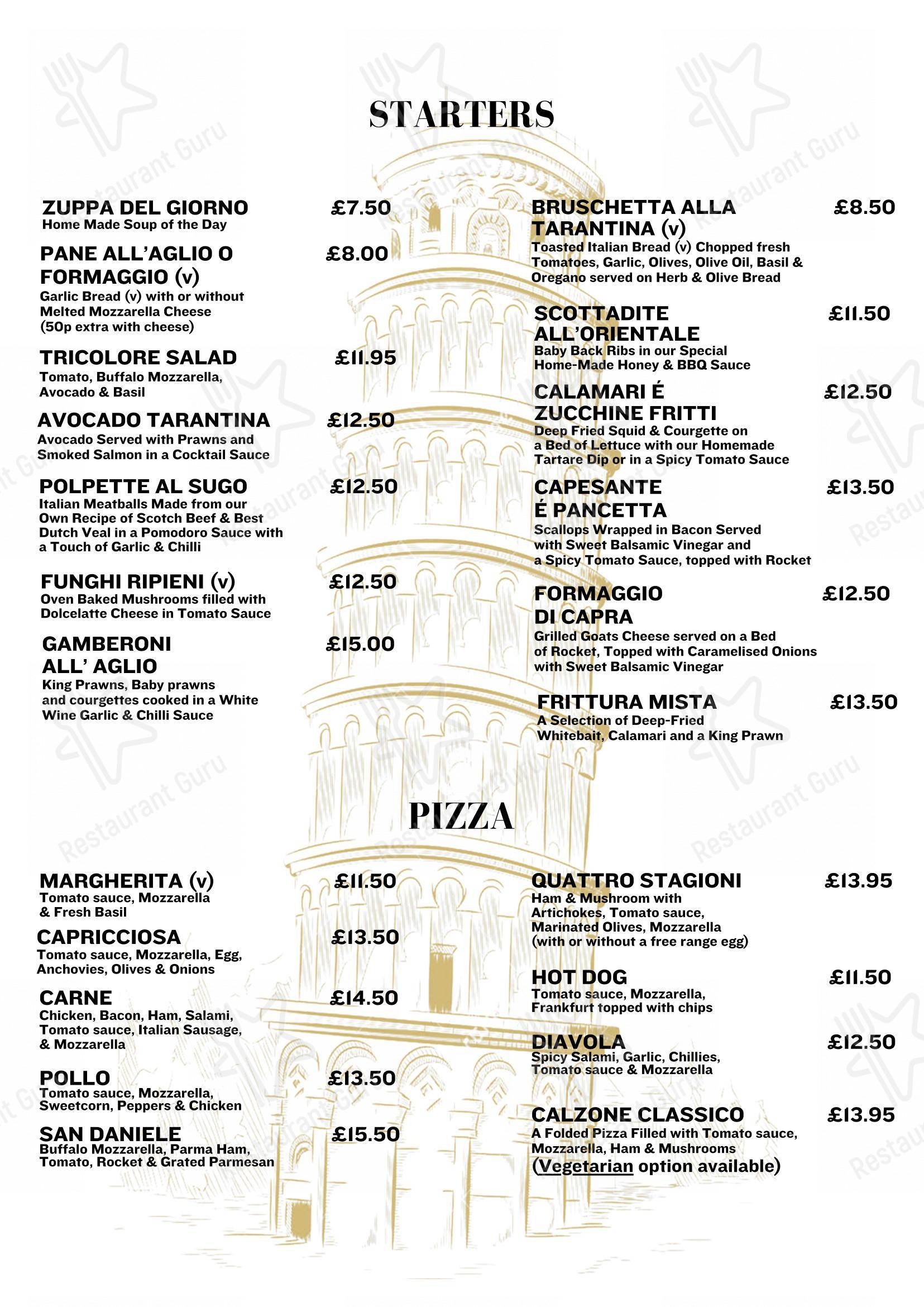 Menu at Tarantino restaurant, Brentwood