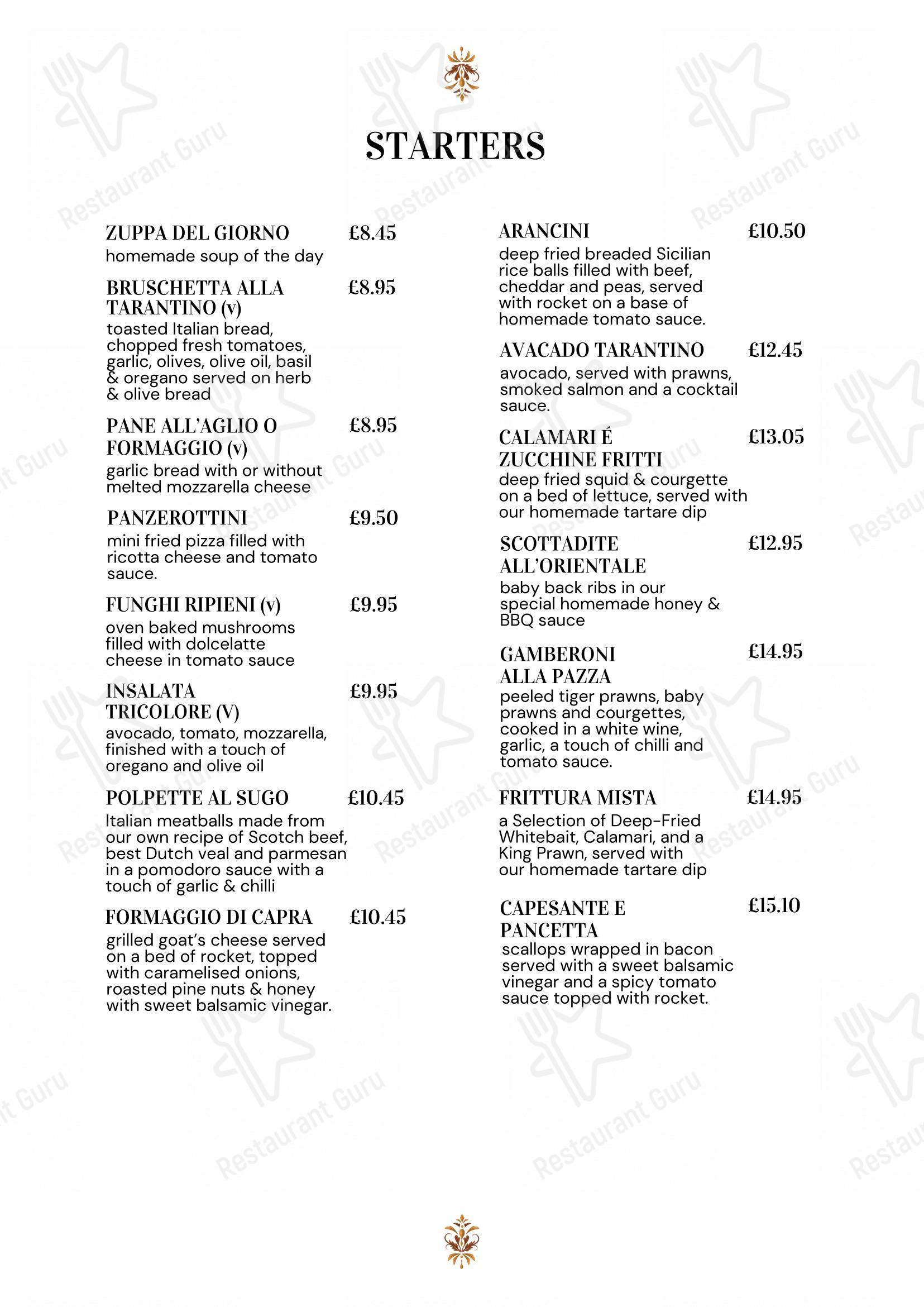 Menu at Tarantino restaurant, Hornchurch