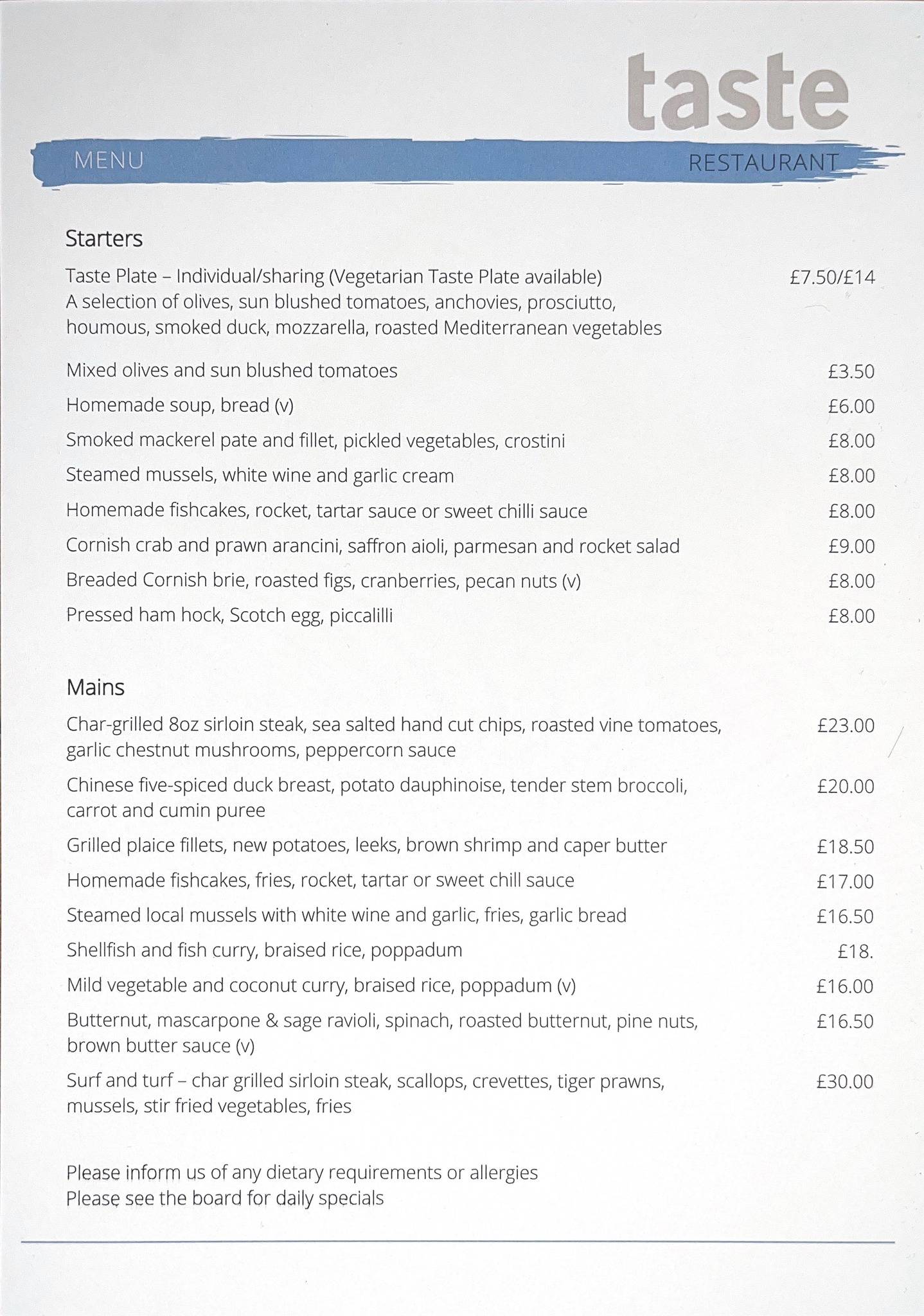 Menu at Taste Restaurant, Saint Agnes, 40 Vicarage Rd