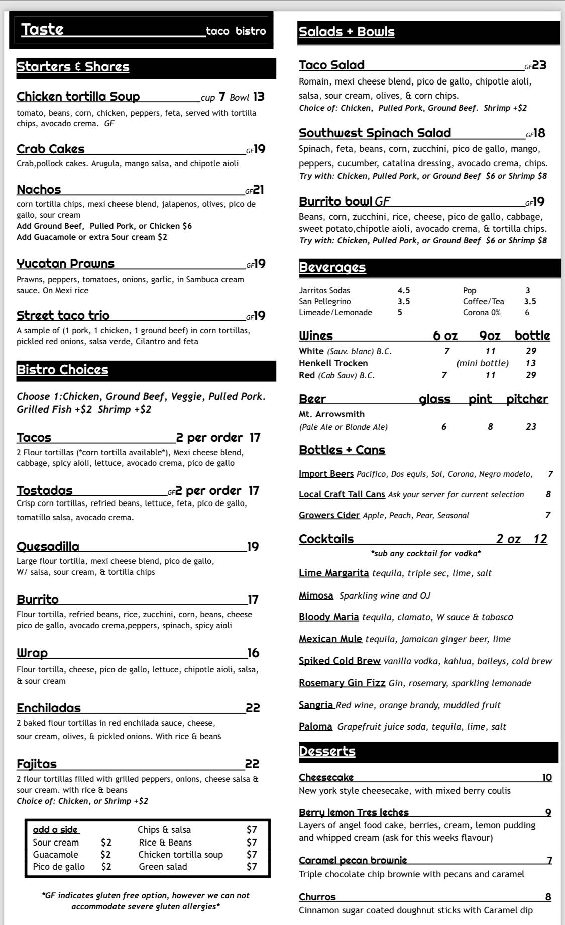 Menu at Taste Taco Bistro restaurant, Parksville