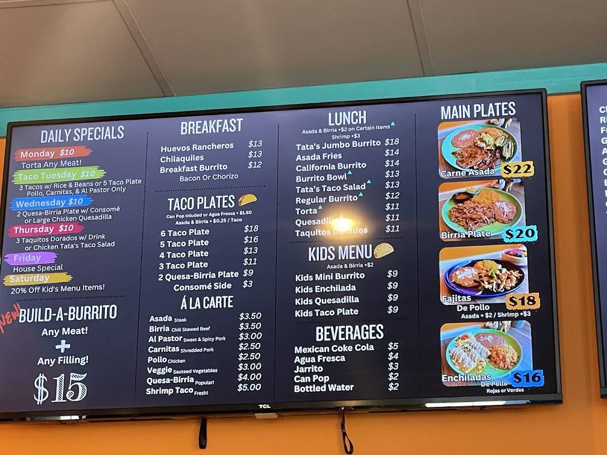 Menu at Tata's Mexican Restaurant, Everett