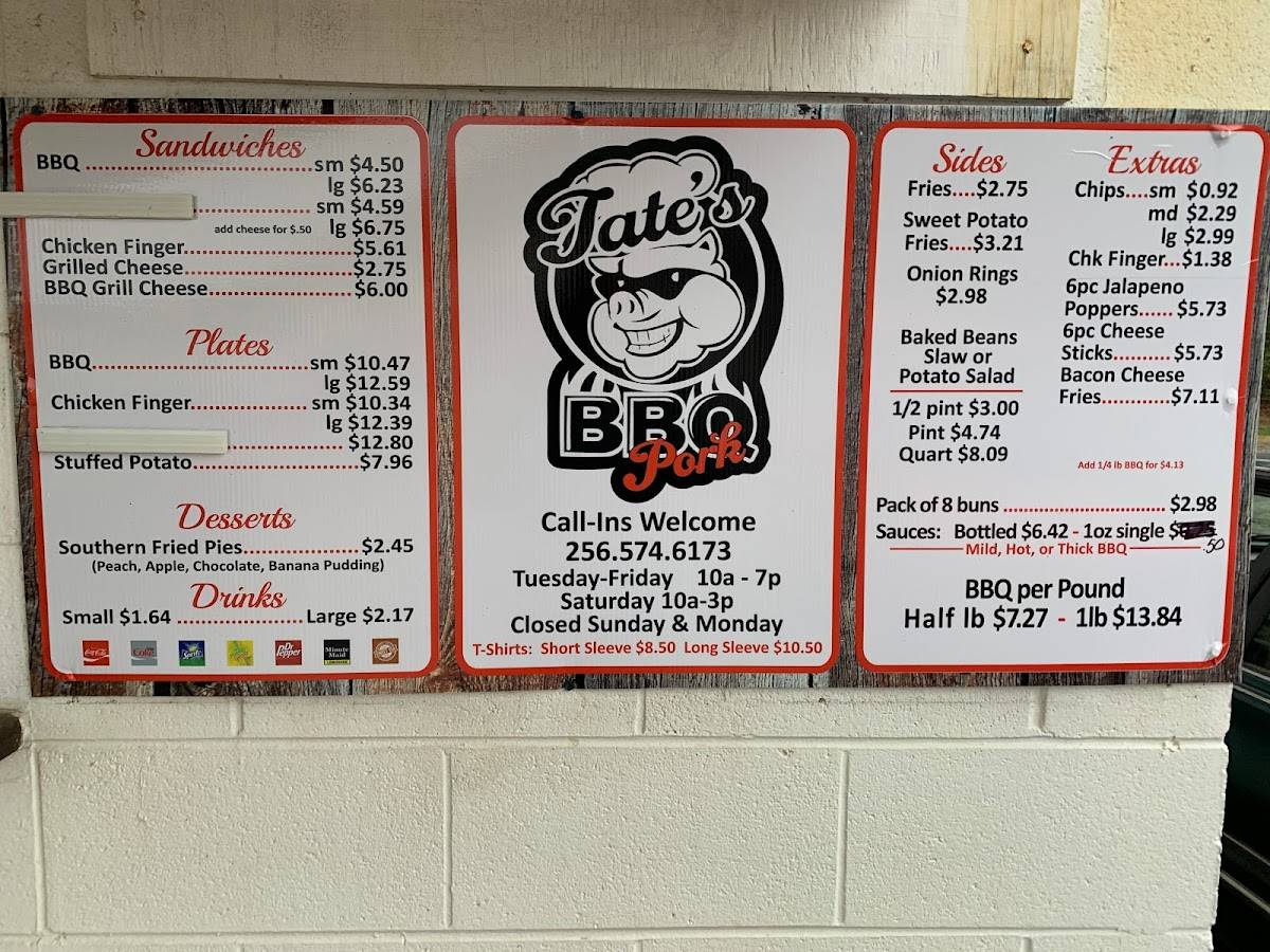 Menu at Tate's Bar-B-Que, Scottsboro, 103 Stewart Rd