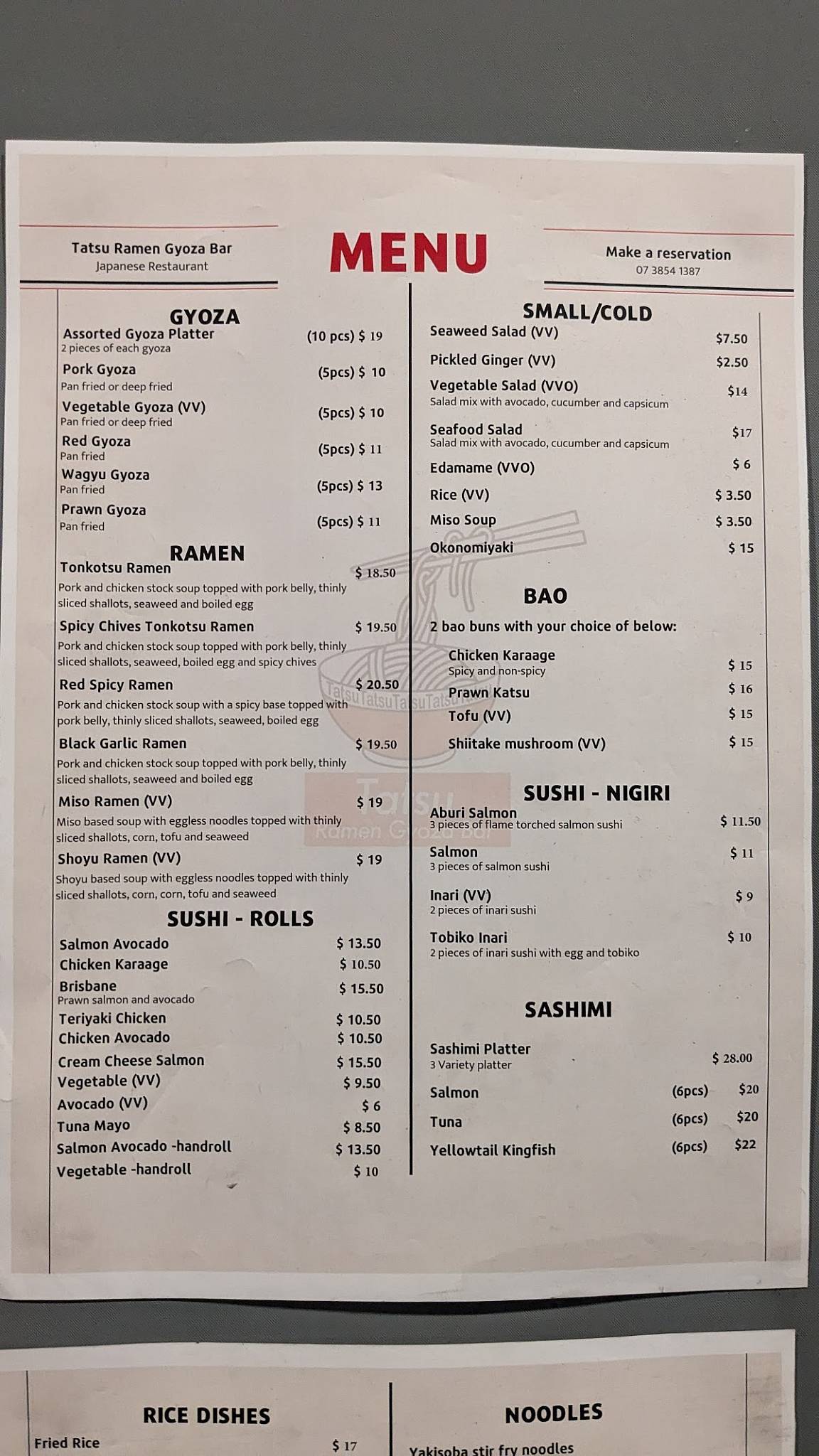 Menu at Tatsu Ramen Gyoza Bar, Fortitude Valley