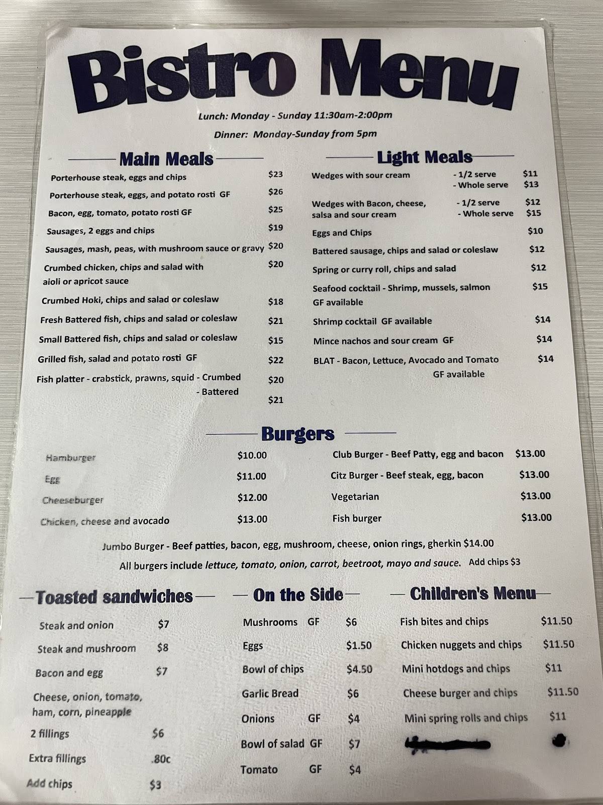 Menu at Tauranga Citizens Club, Tauranga