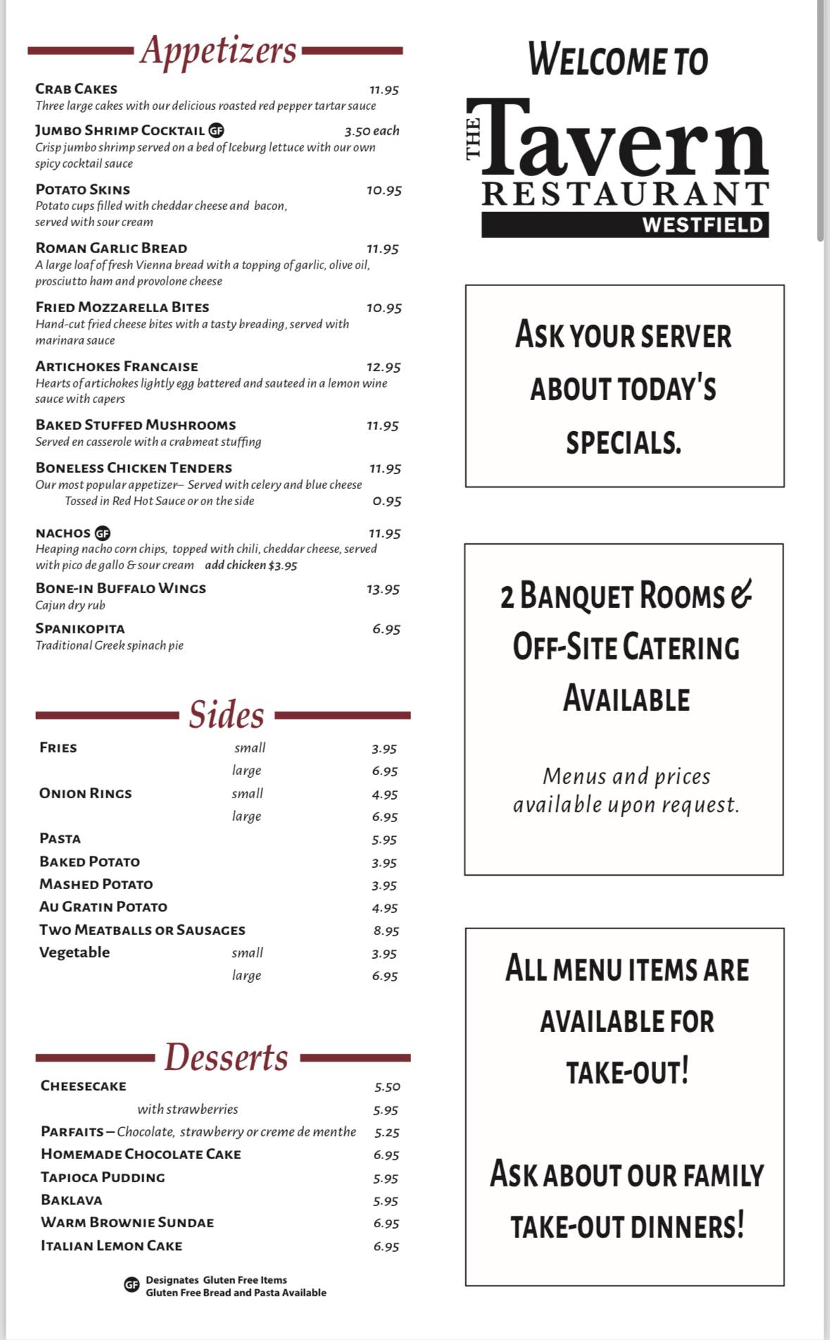 Menu at Tavern Restaurant, Westfield