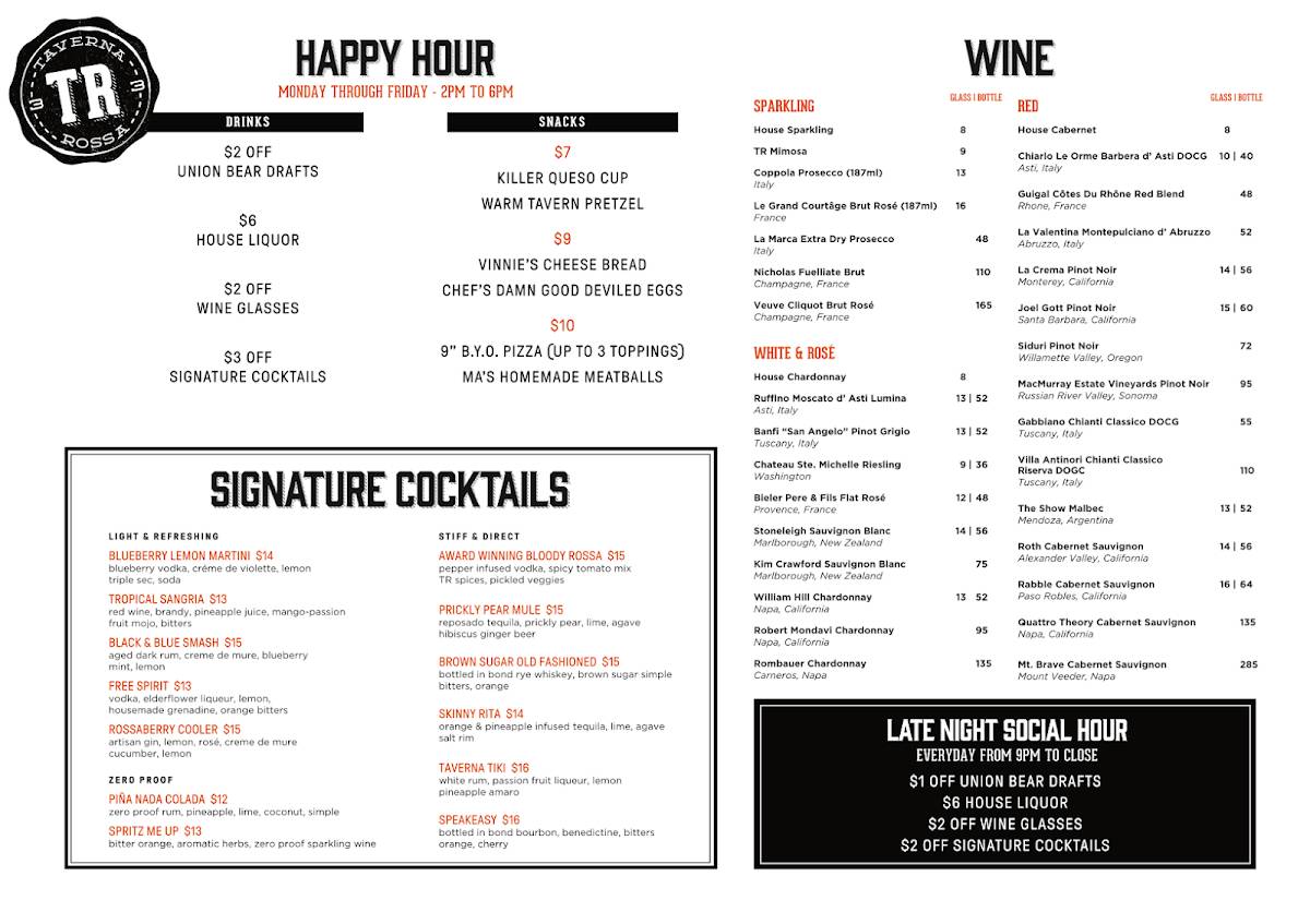 Menu at Taverna Rossa pub & bar, Southlake