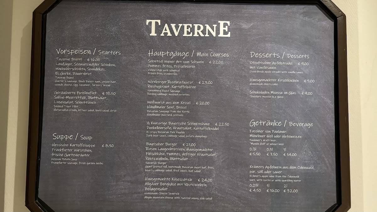 Menu at Taverne restaurant, Frankfurt