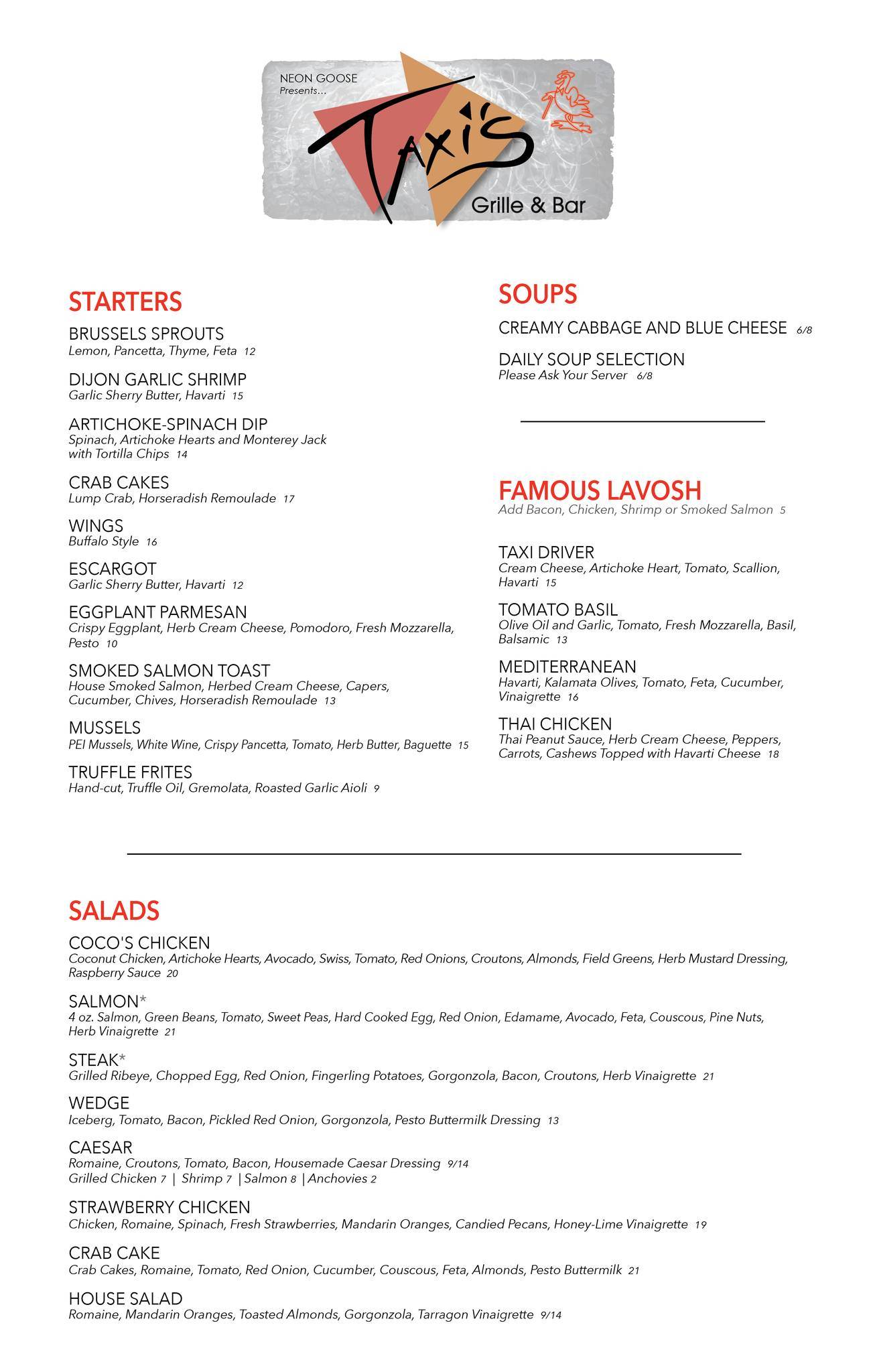 Menu at Taxi's Grille & Bar, Omaha