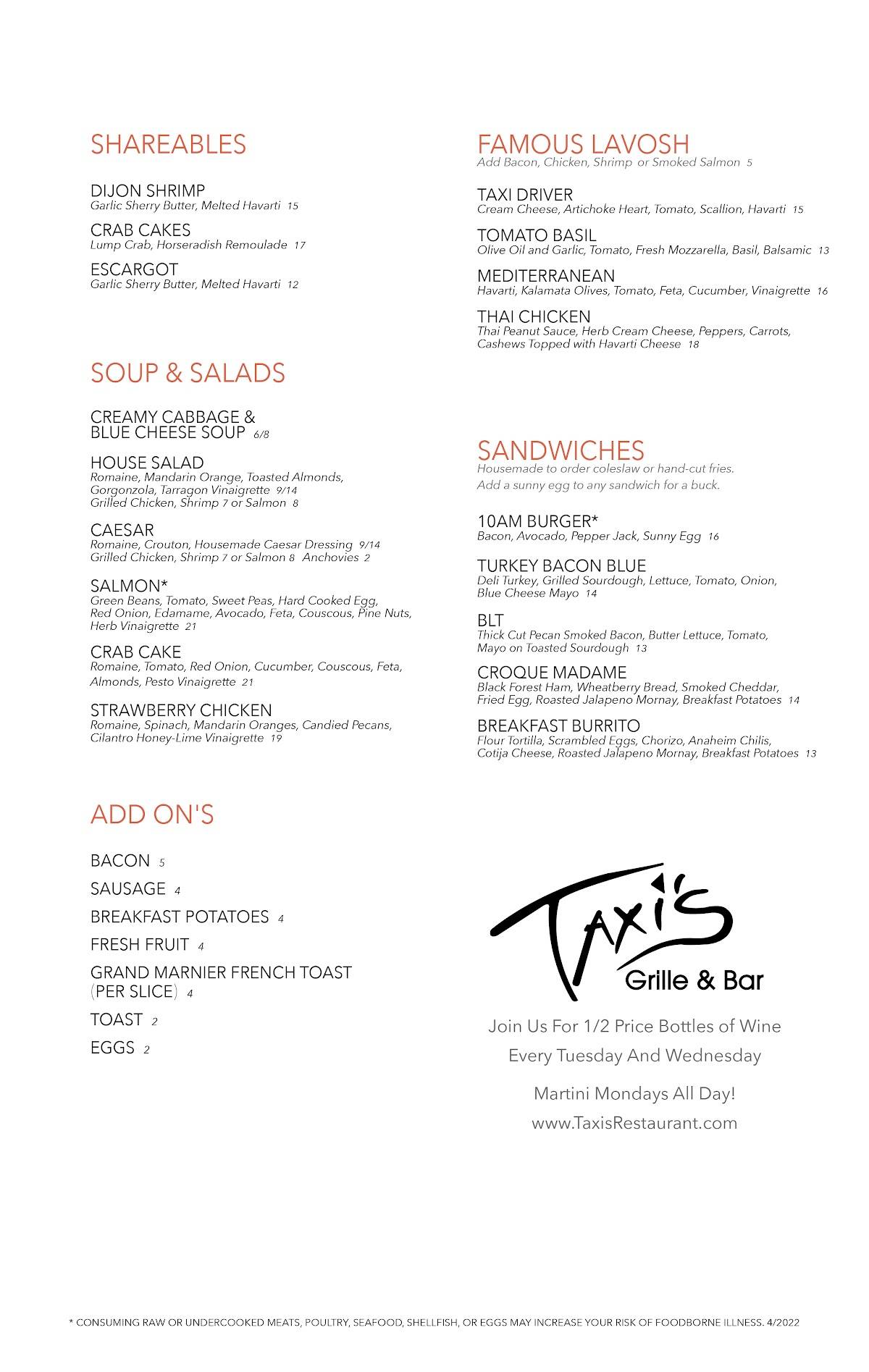 Menu at Taxi's Grille & Bar, Omaha