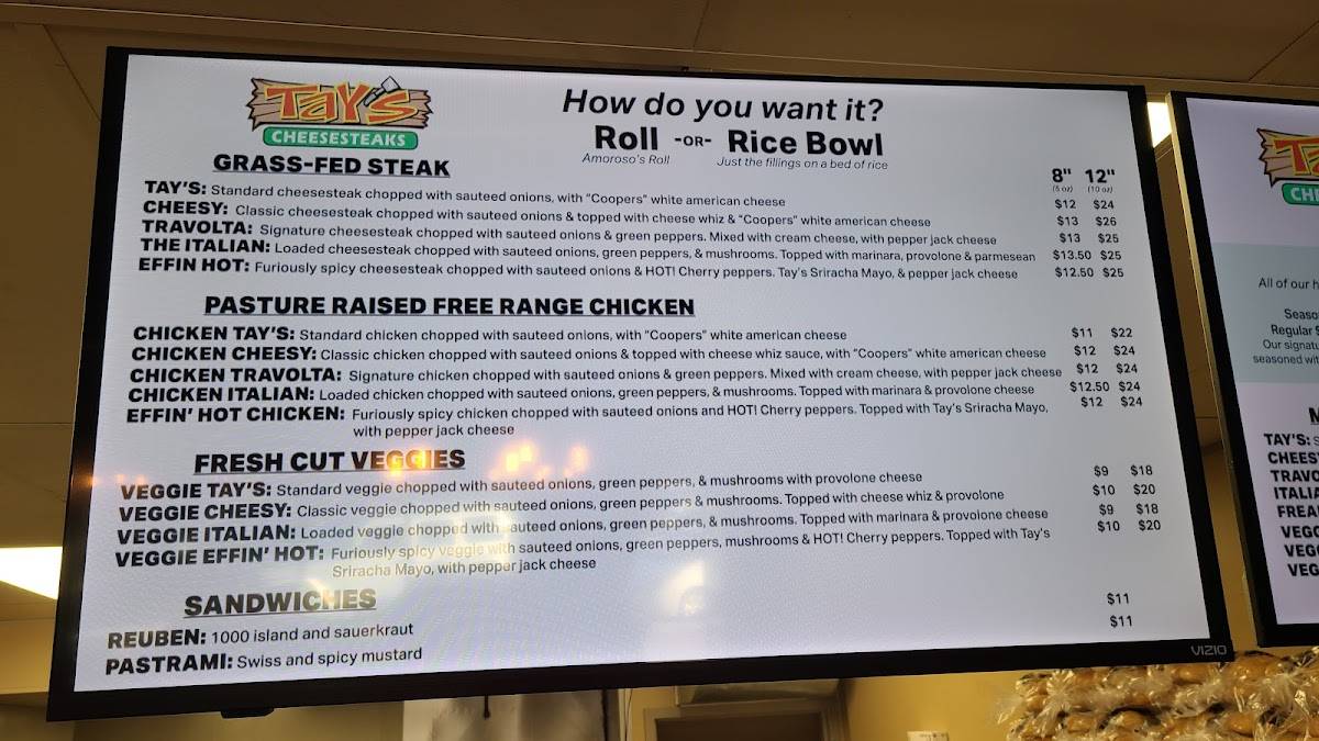 Menu at Tay’s Cheesesteak restaurant, Kansas City