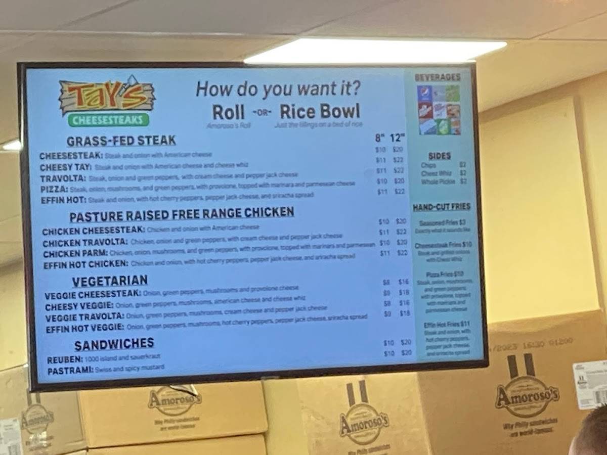Menu at Tay’s Cheesesteak restaurant, Kansas City
