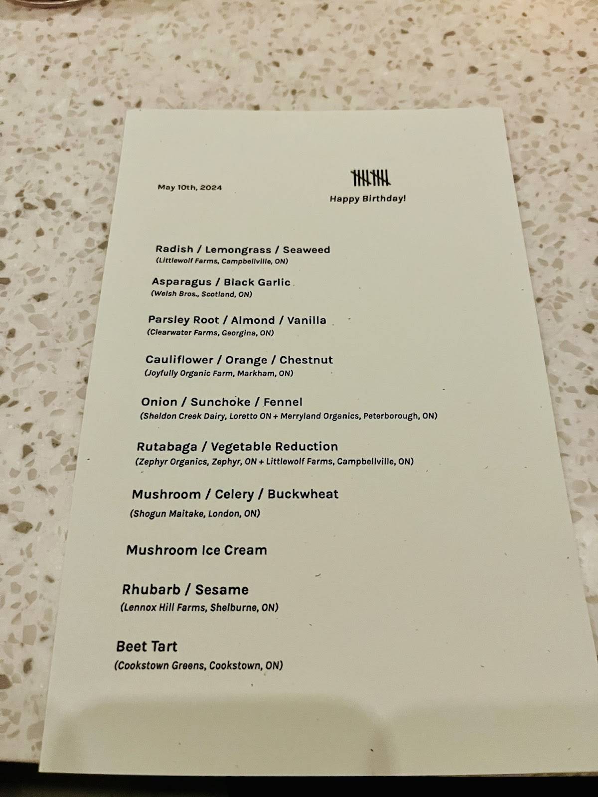 Menu at Ten Restaurant, Toronto