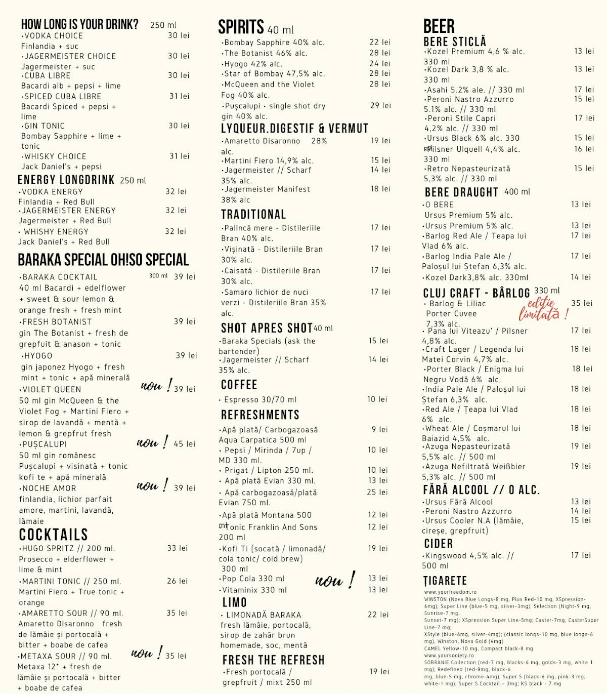 Menu at Terasa Baraka, Bucharest, Alee Principală Herăstrău