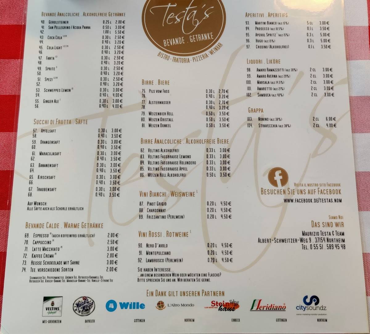 Speisekarte von Testa's Bistro pizza, Northeim