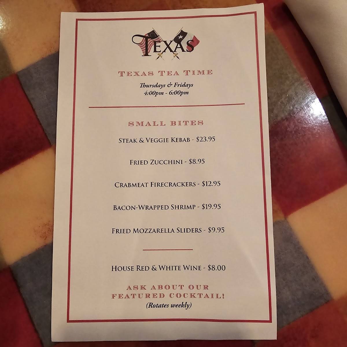 Menu at Texas pub & bar, Richardson
