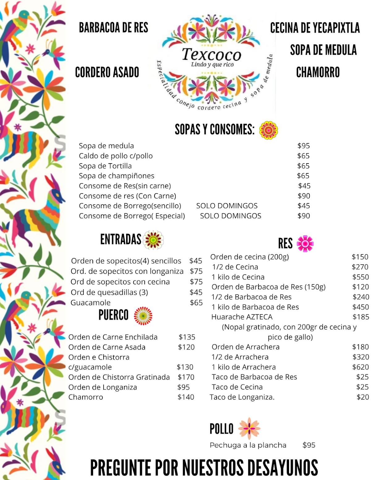 Carta del restaurante Texcoco Lindo y Que Rico, Kanasín