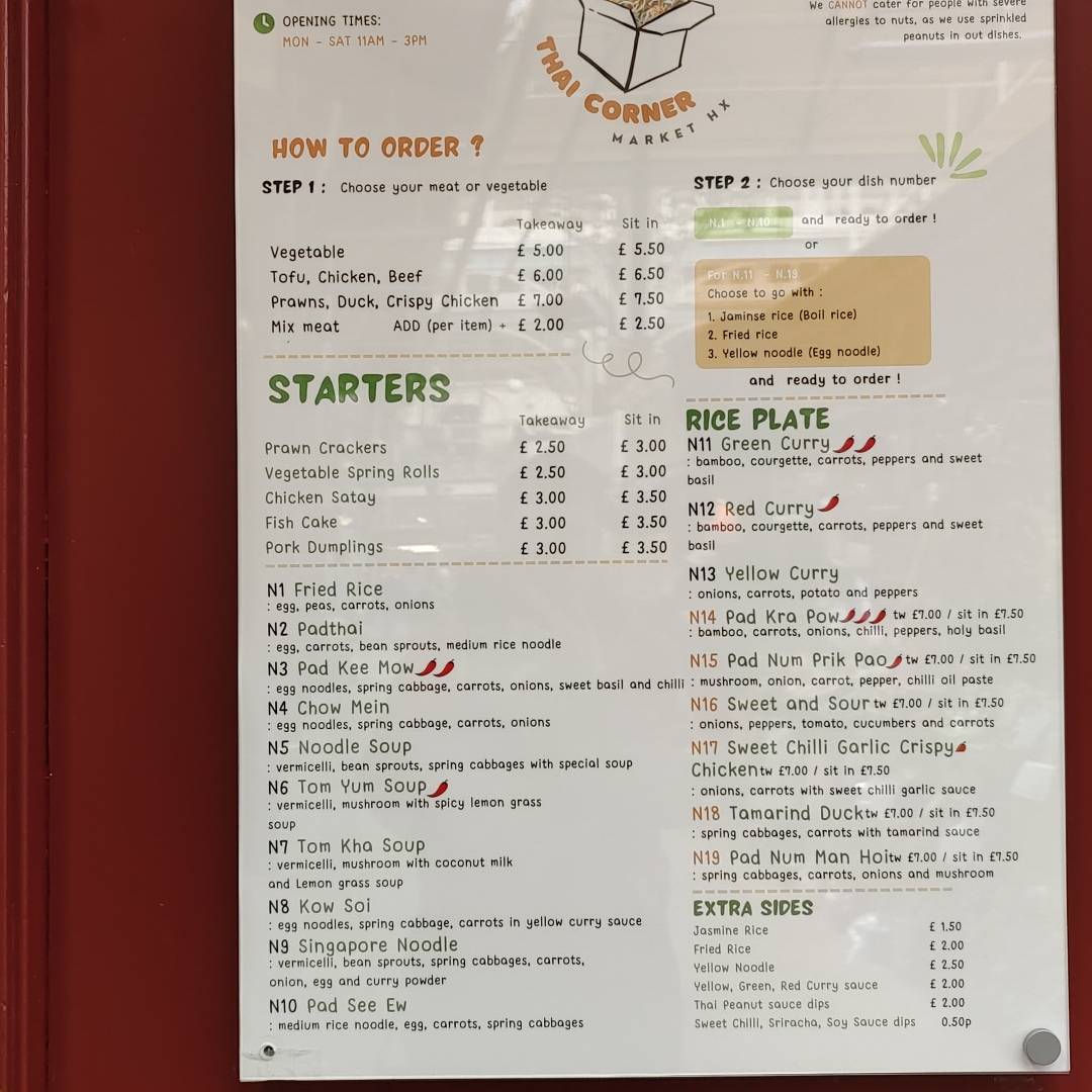 Menu at Thai Corner restaurant, Halifax