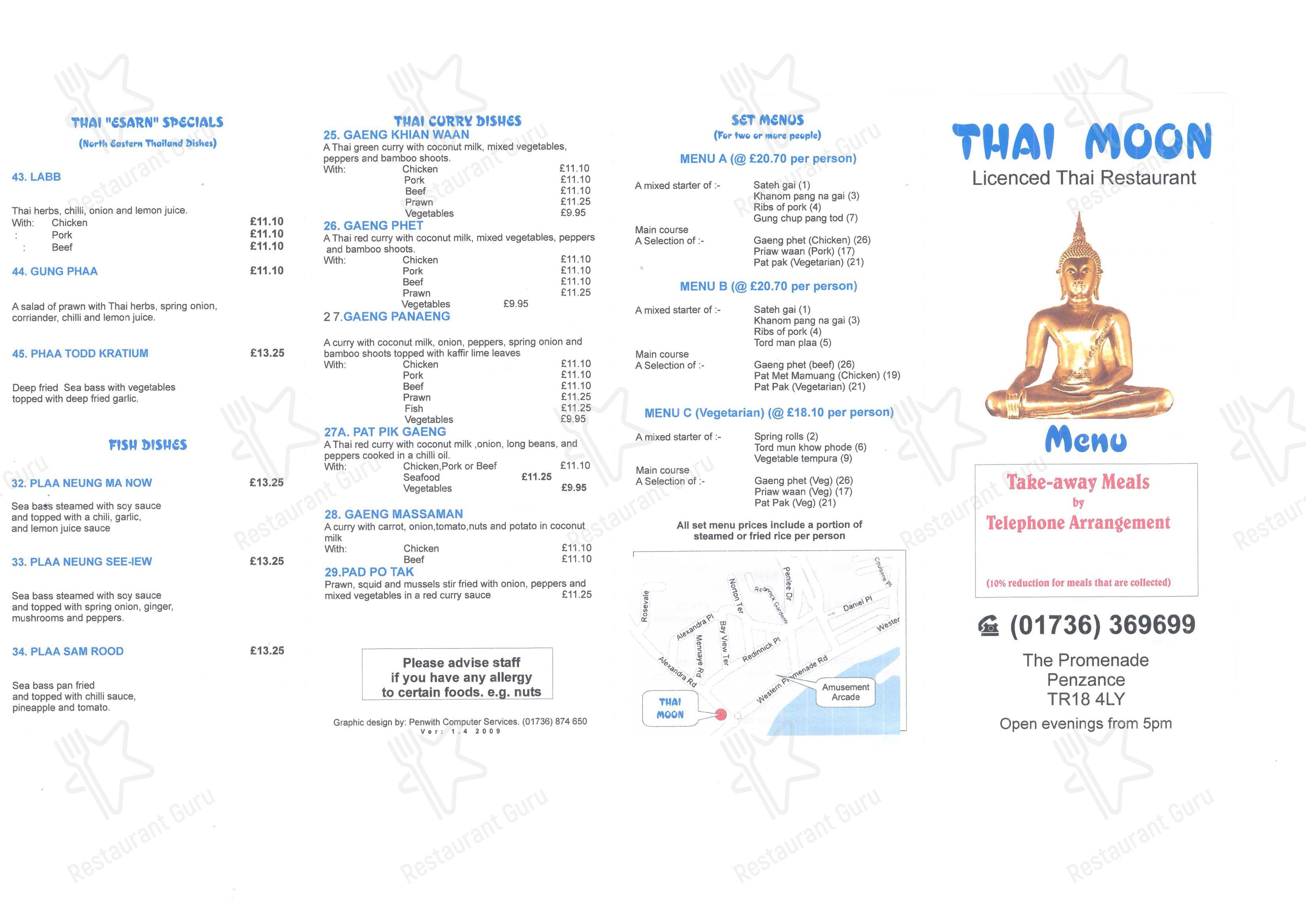 Menu at Thai Moon restaurant, Penzance, 2 Alexandra Rd