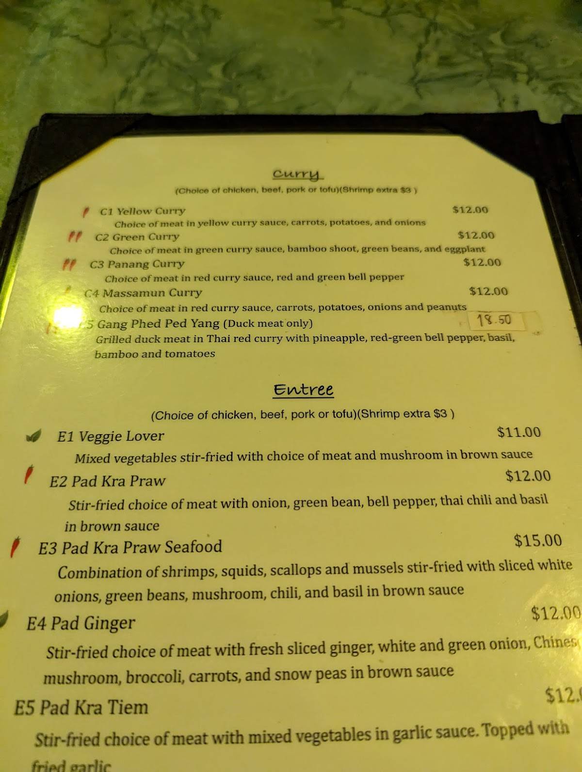 Menu at Thai Ocha restaurant, Kerrville