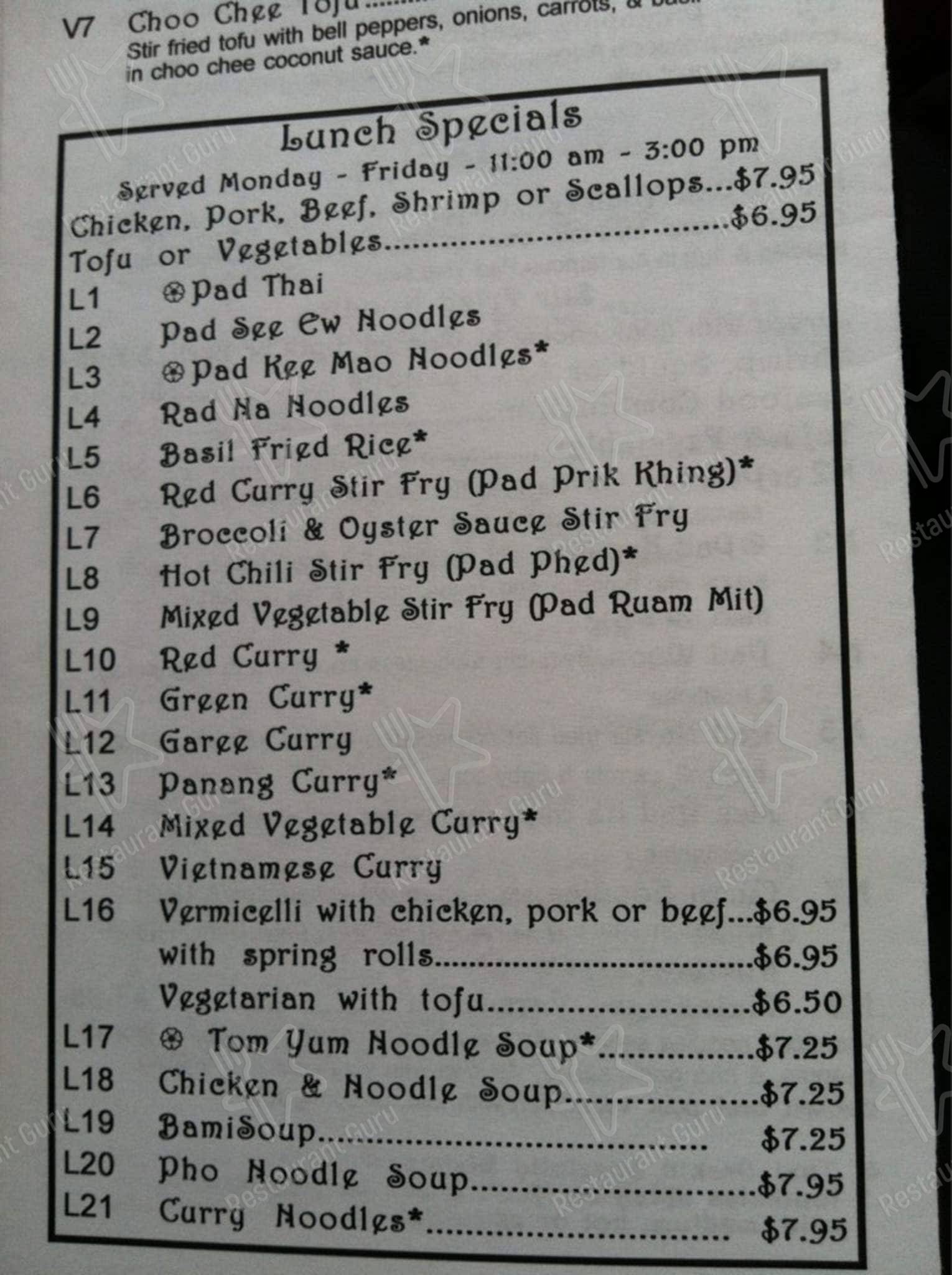 Menu at Thai Orchid Cafe, Williamsville