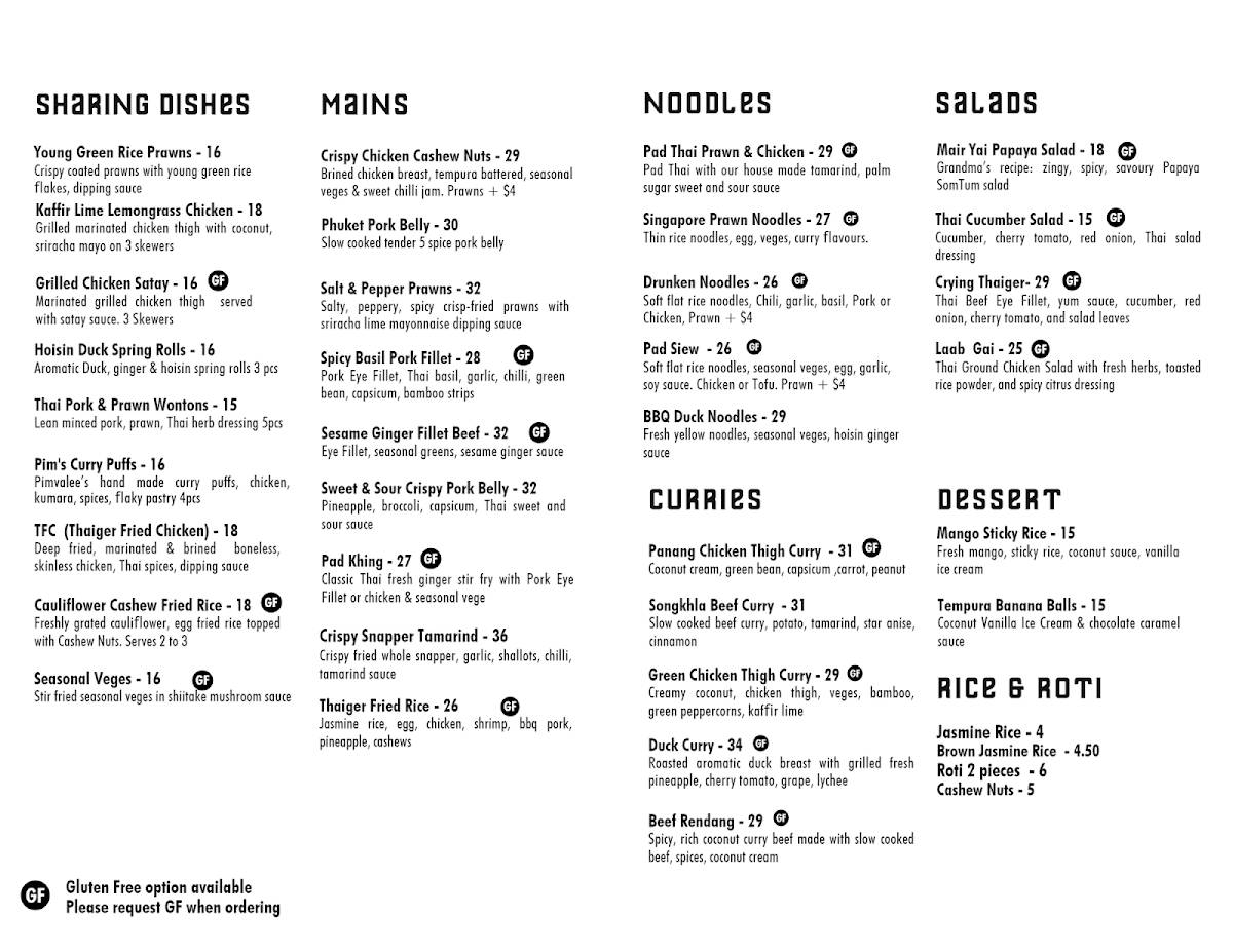 Menu at Thaiger restaurant, Auckland