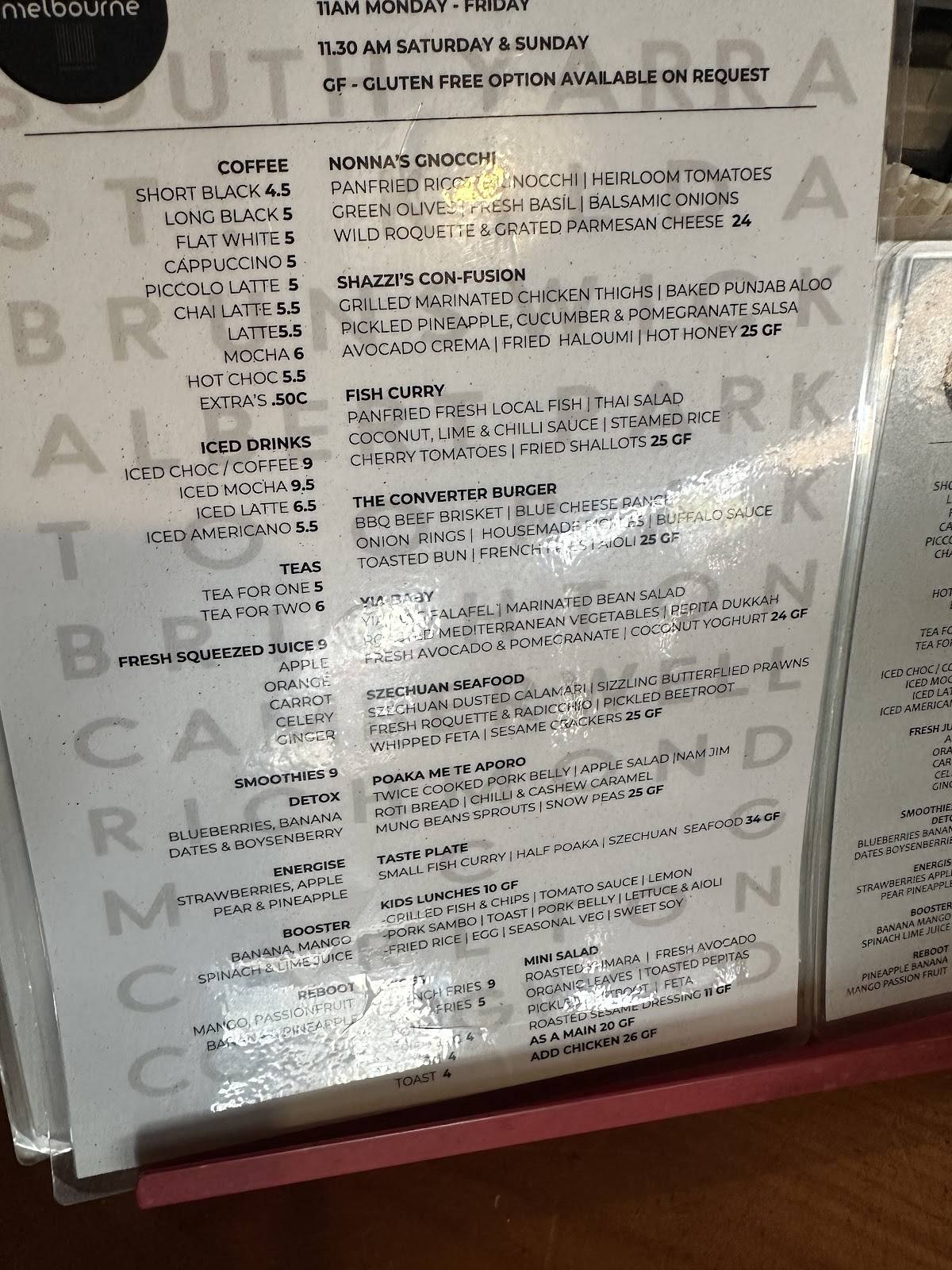 Menu at Cafe Melbourne, Thames