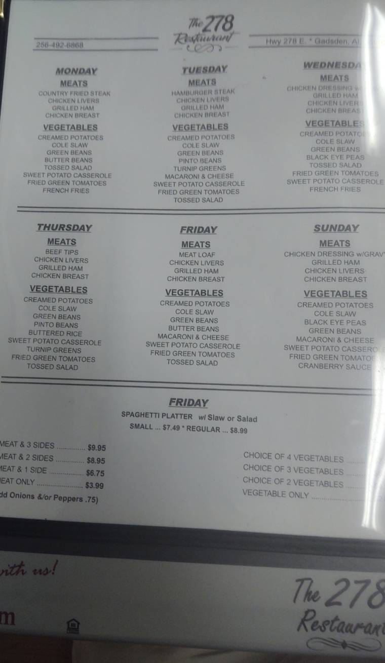 Menu at The 278 Restaurant, Gadsden, Piedmont Cutoff