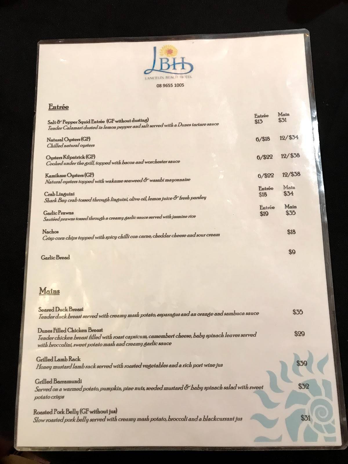 Menu at The 3 Emus Restaurant, Lancelin