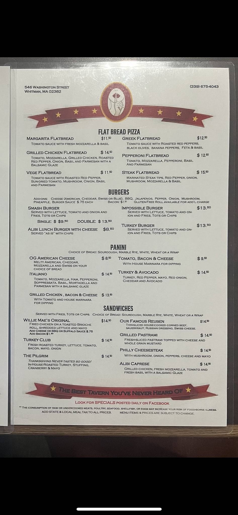 Menu at The Alibi Tavern pub & bar, Whitman