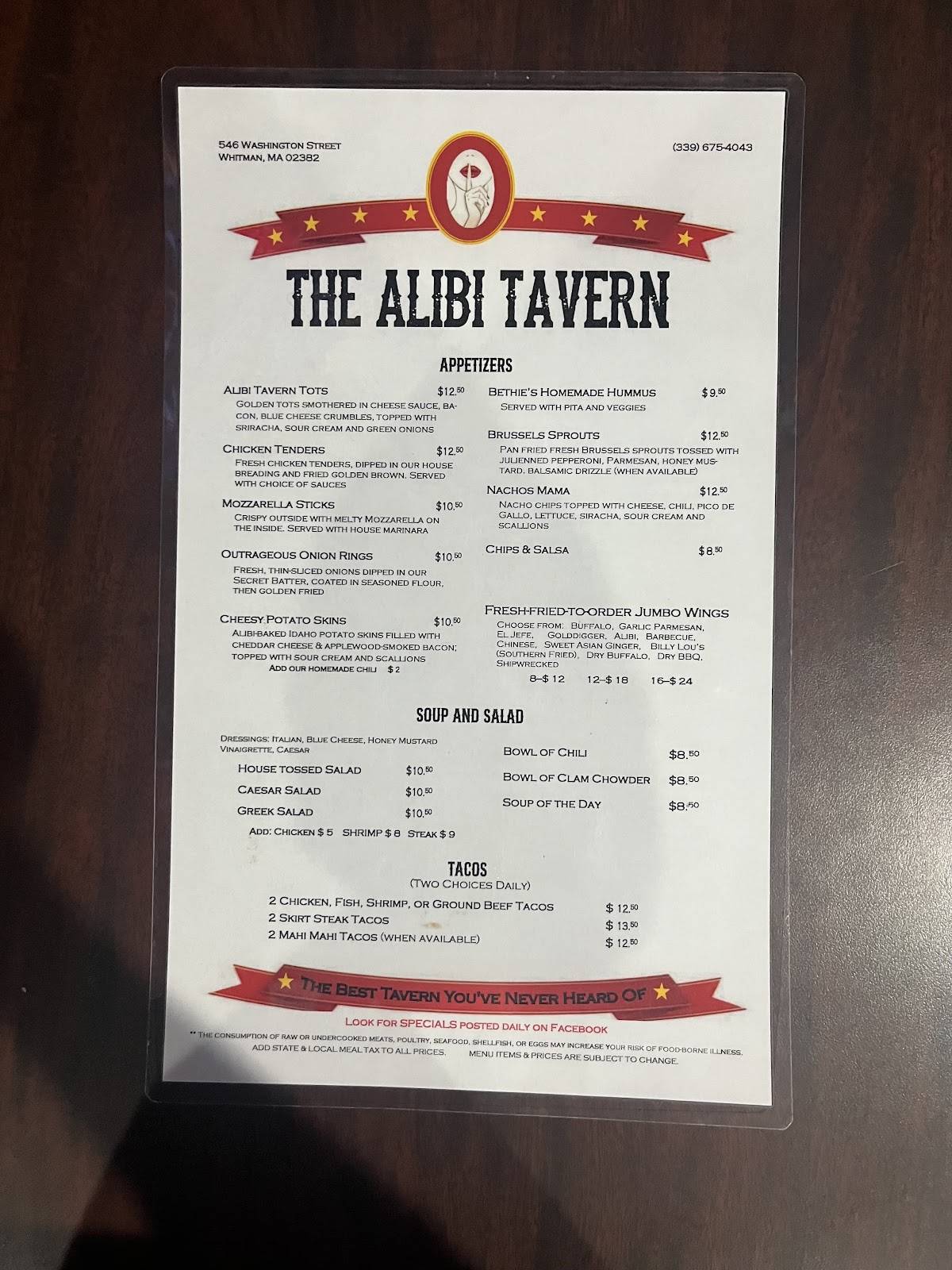 Menu at The Alibi Tavern pub & bar, Whitman