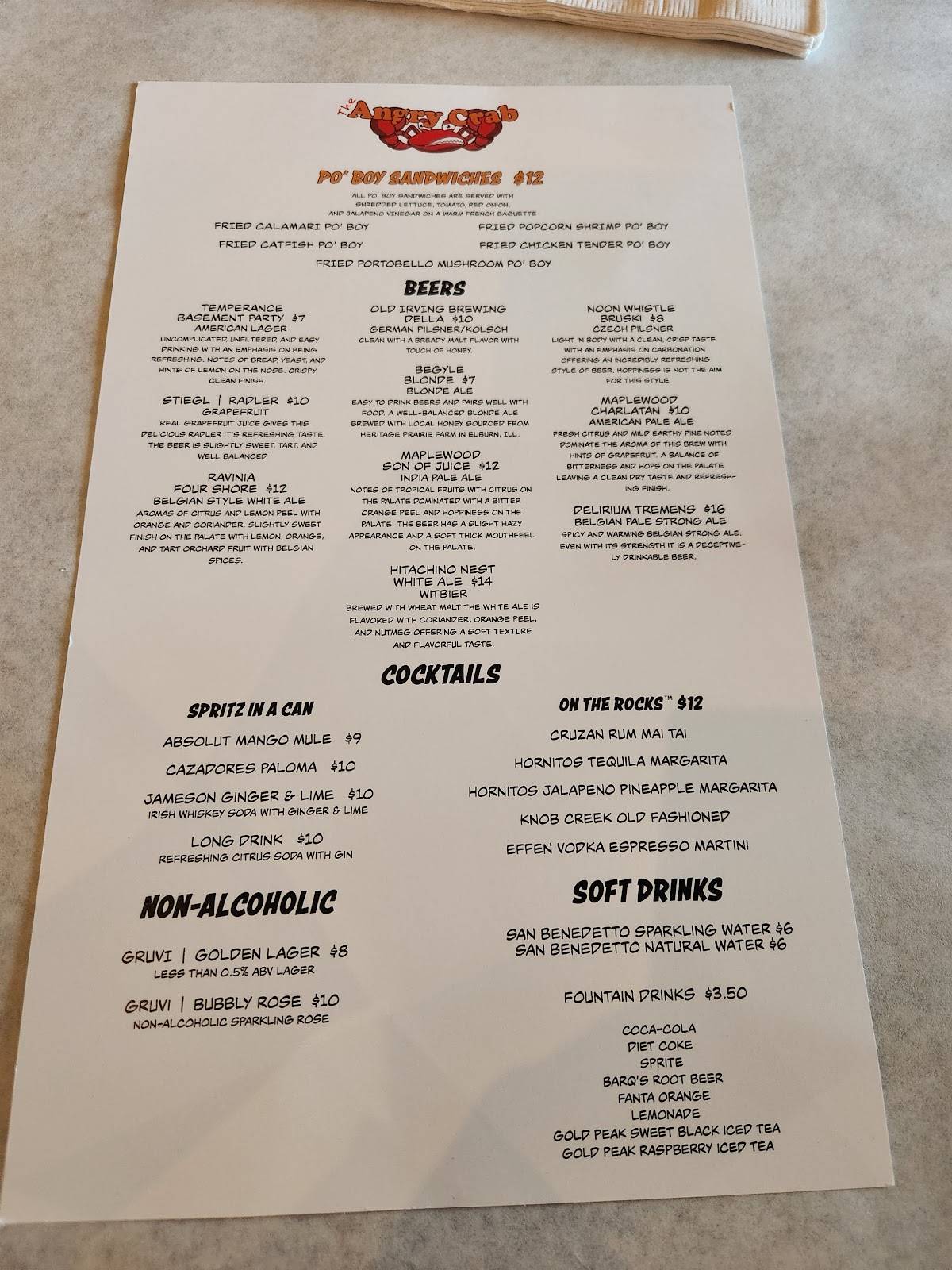 Menu at The Angry Crab restaurant, Chicago, N Milwaukee Ave